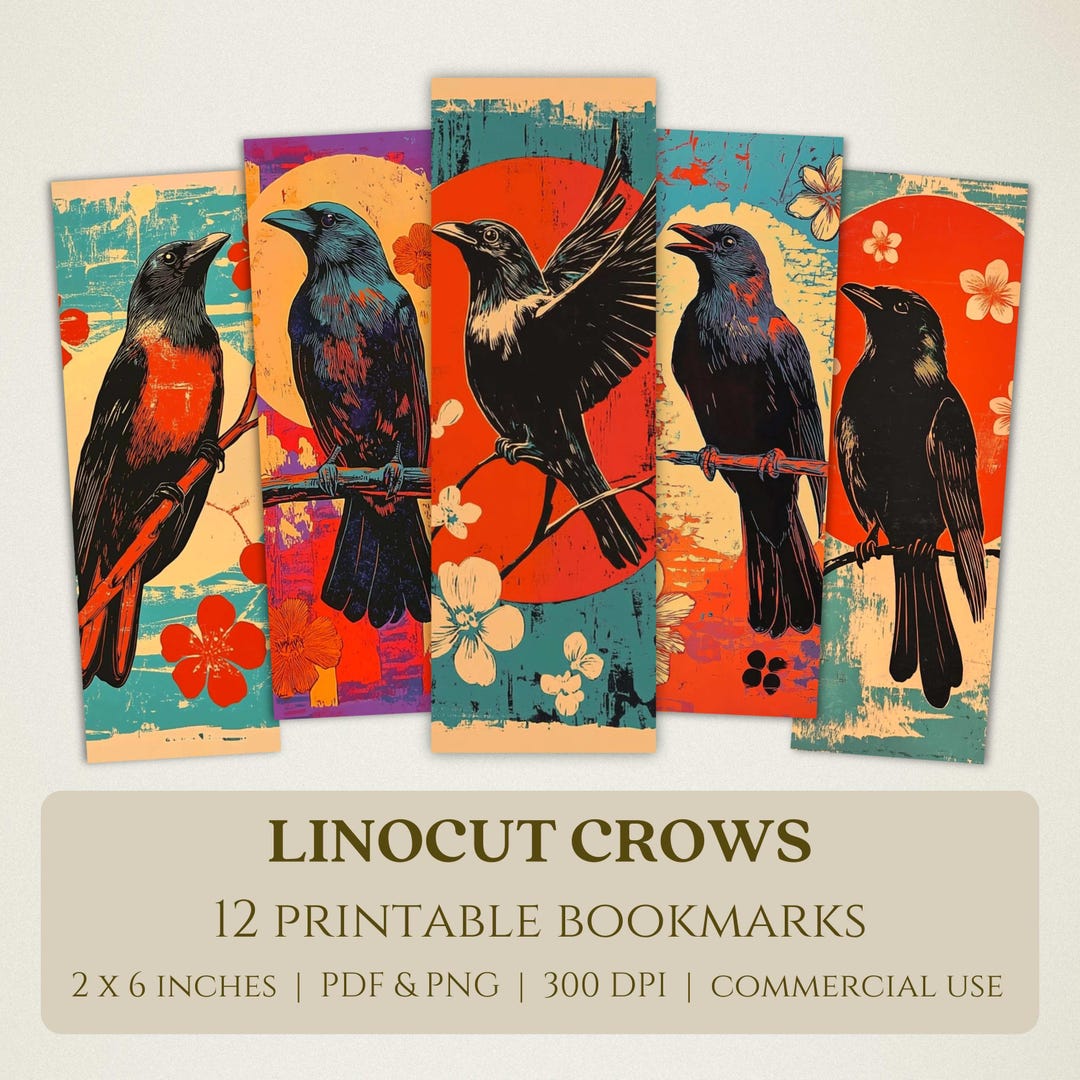 Linocut Crows Printable Bookmarks, High Quality Digital Images, Instant ...