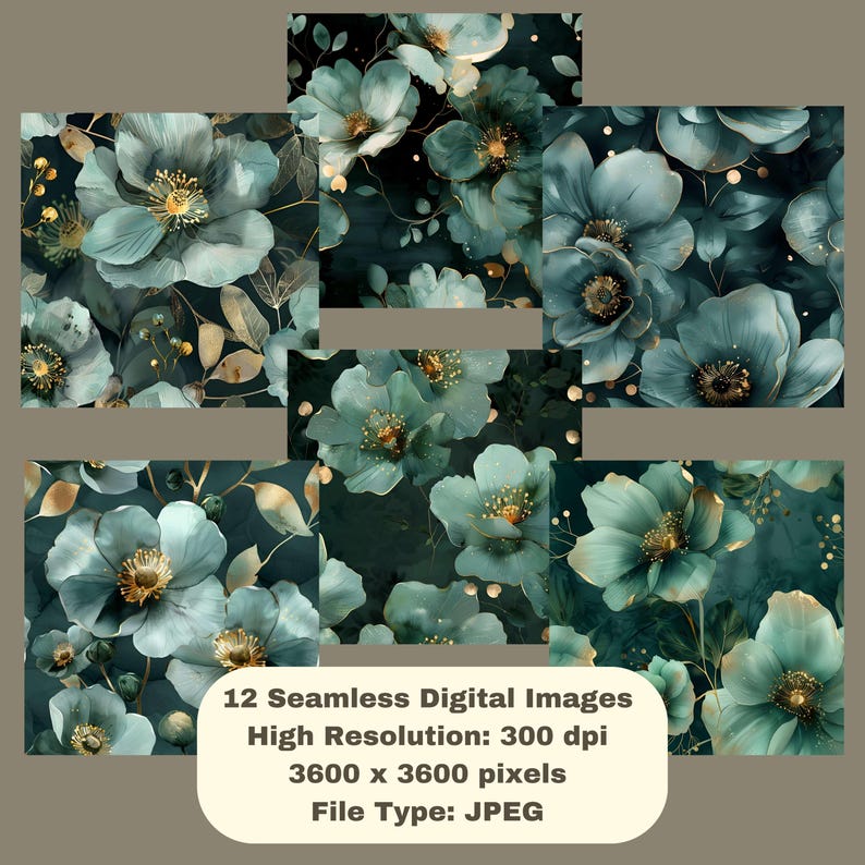 Green & Gold Floral Digital Paper, 12 High Quality Seamless Images ...