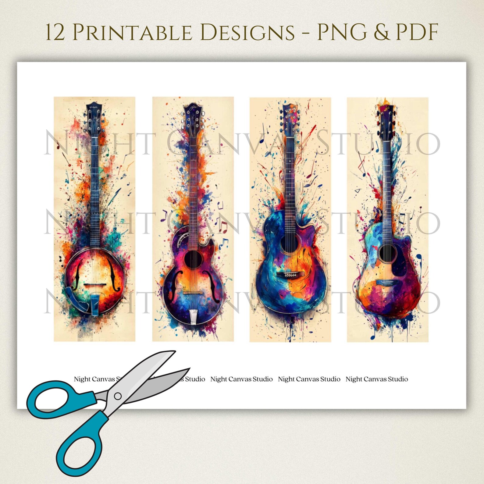 Colorful Guitars Printable Bookmarks, High Quality Digital Images ...
