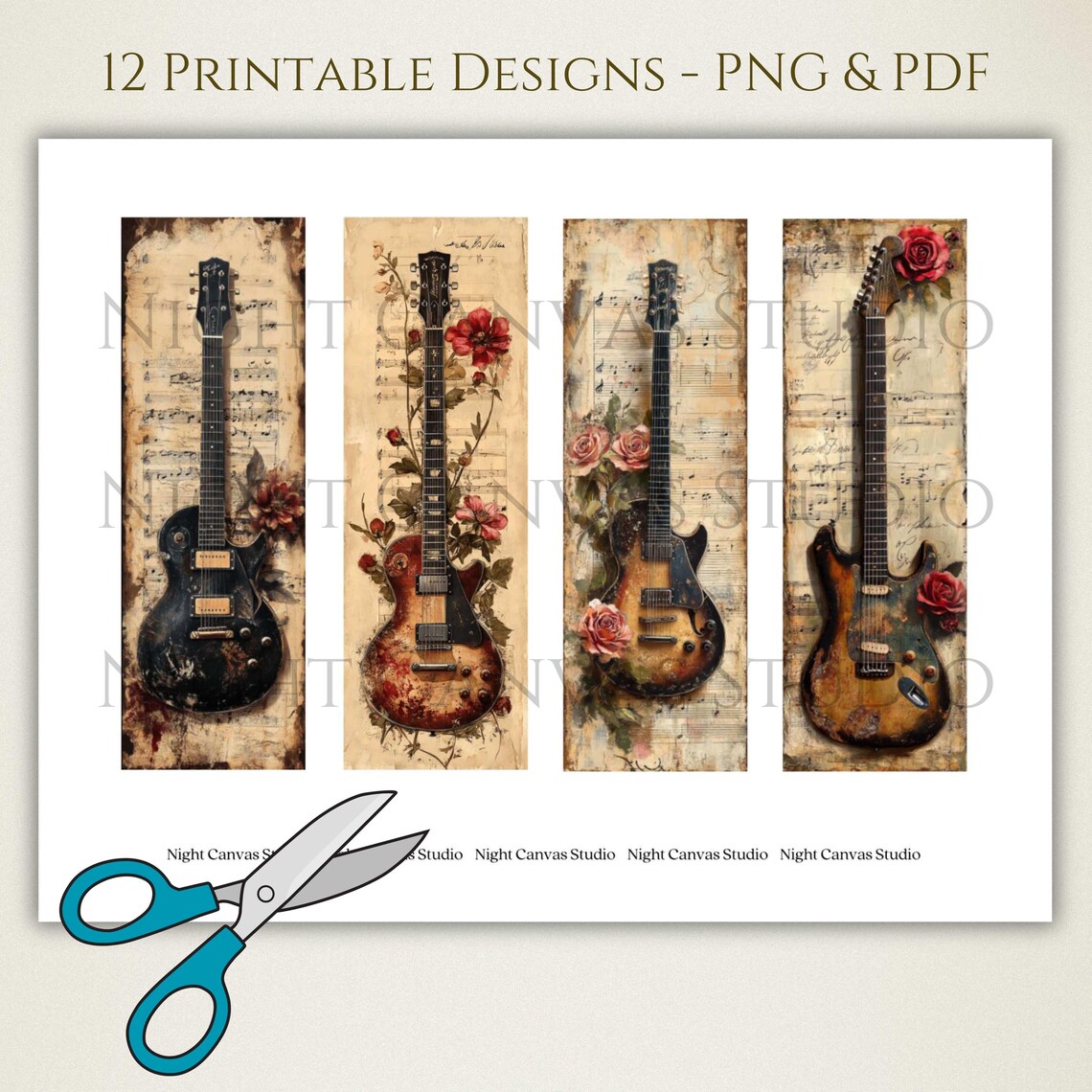 Grunge Guitars Printable Bookmarks, High Quality Digital Images ...