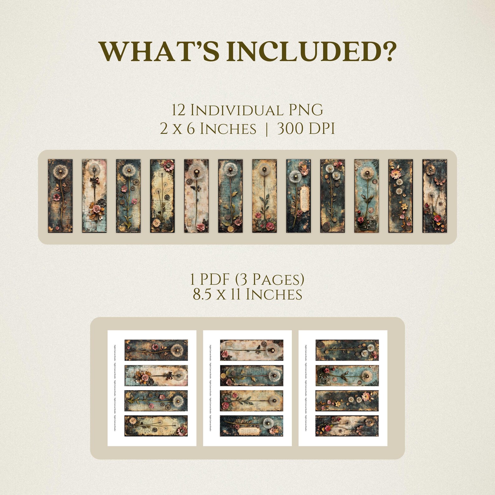 Grunge Dandelions Printable Bookmarks, High Quality Digital Images ...