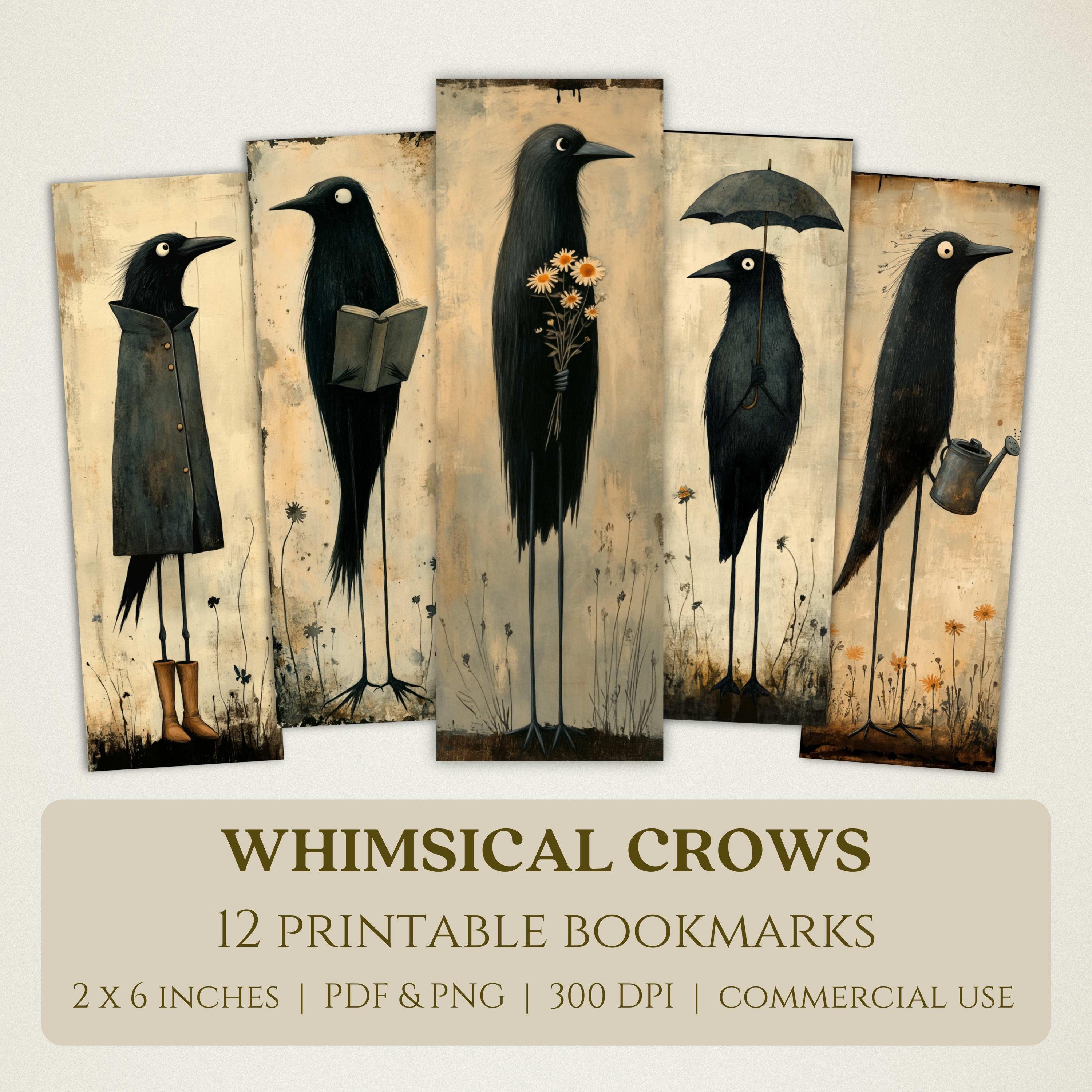 Whimsical Crows Printable Bookmarks, High Quality Digital Images ...