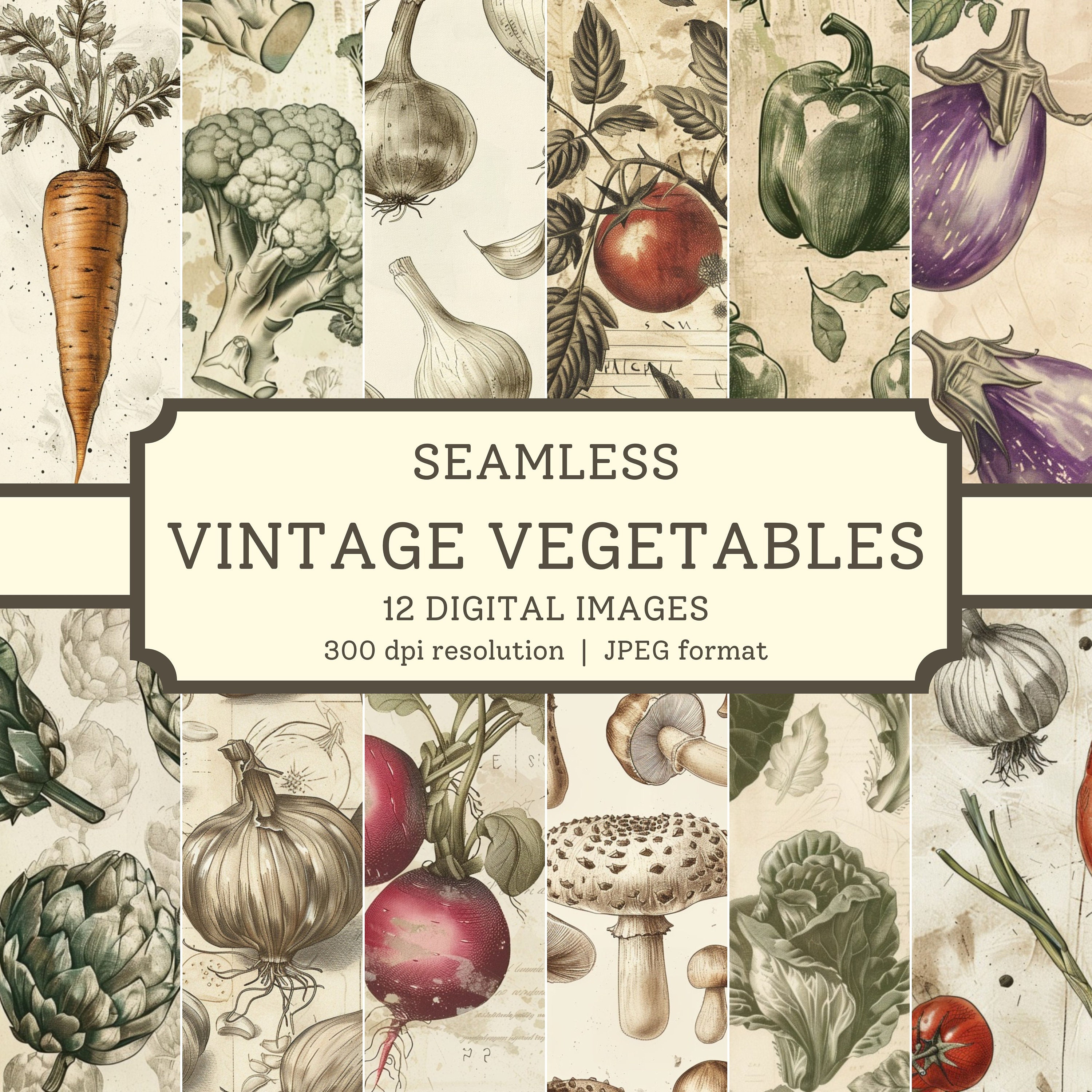 Vintage Vegetables Digital Paper, 12 High Quality Seamless Images ...