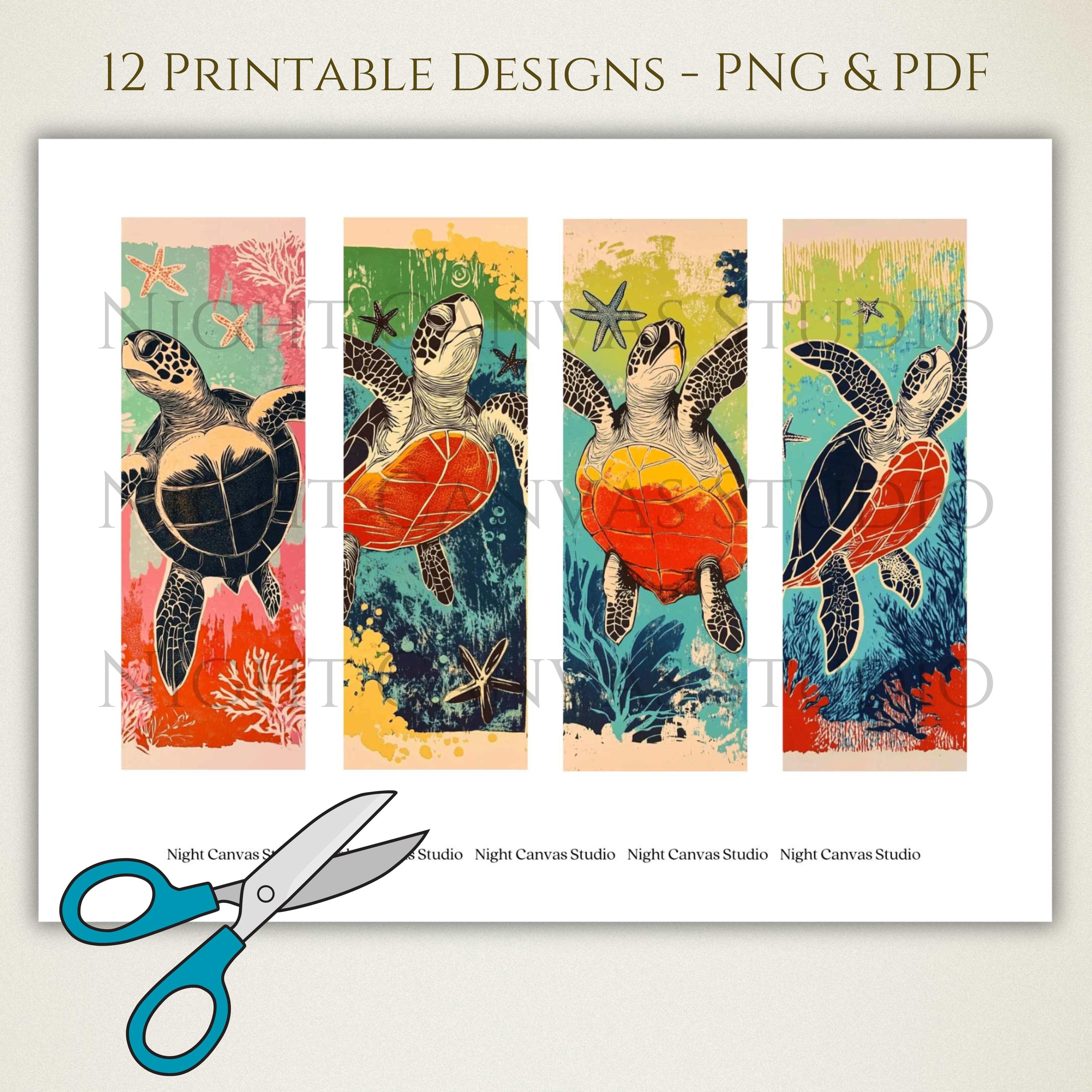 Linocut Sea Turtles Printable Bookmarks, High Quality Digital Images ...