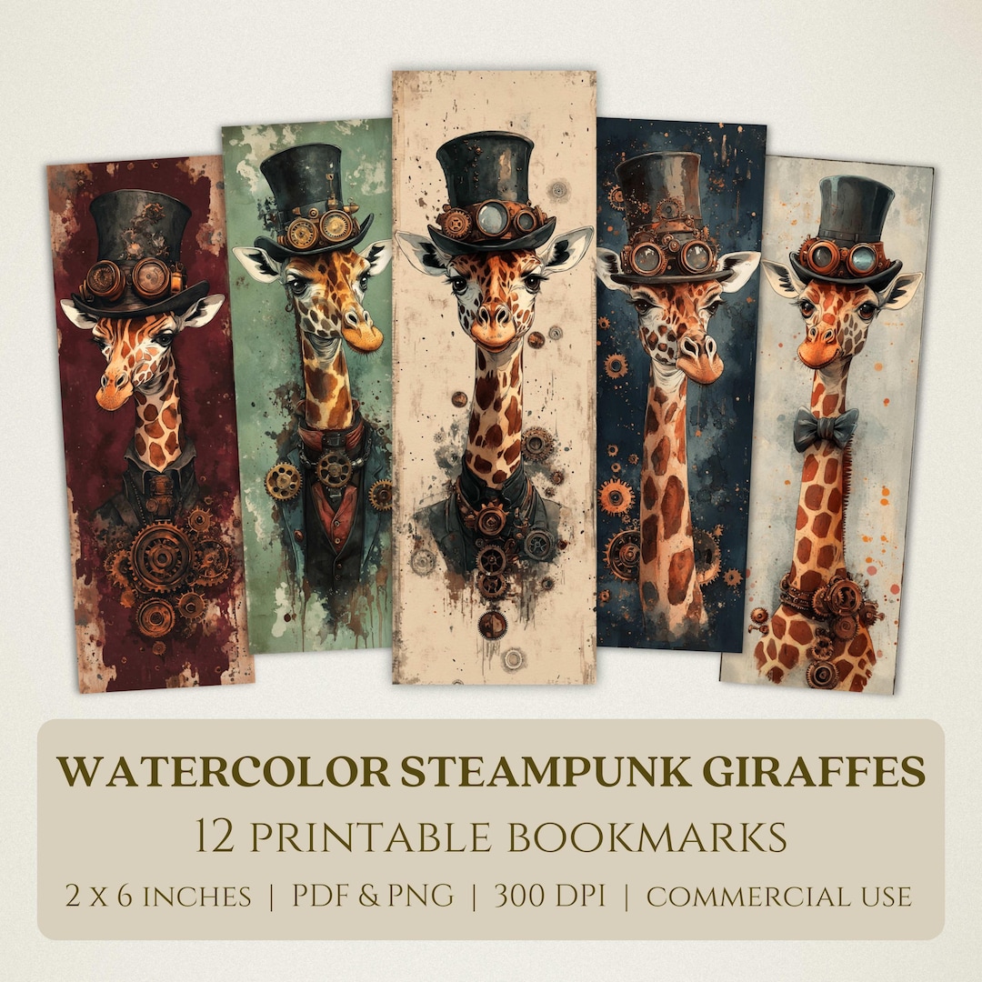 Watercolor Steampunk Giraffes Printable Bookmarks, High Quality Digital ...