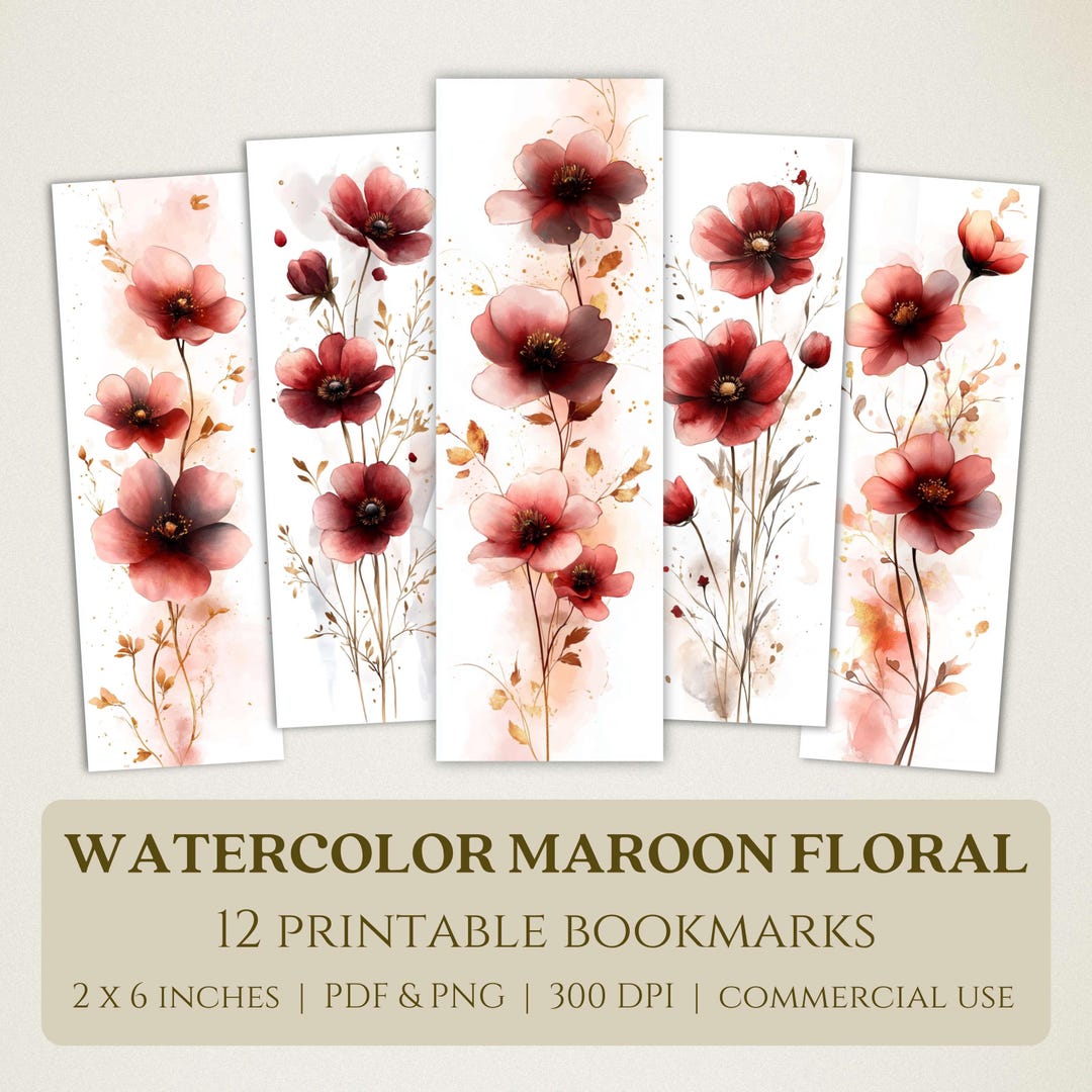 Watercolor Maroon Floral Printable Bookmarks, High Quality Digital ...