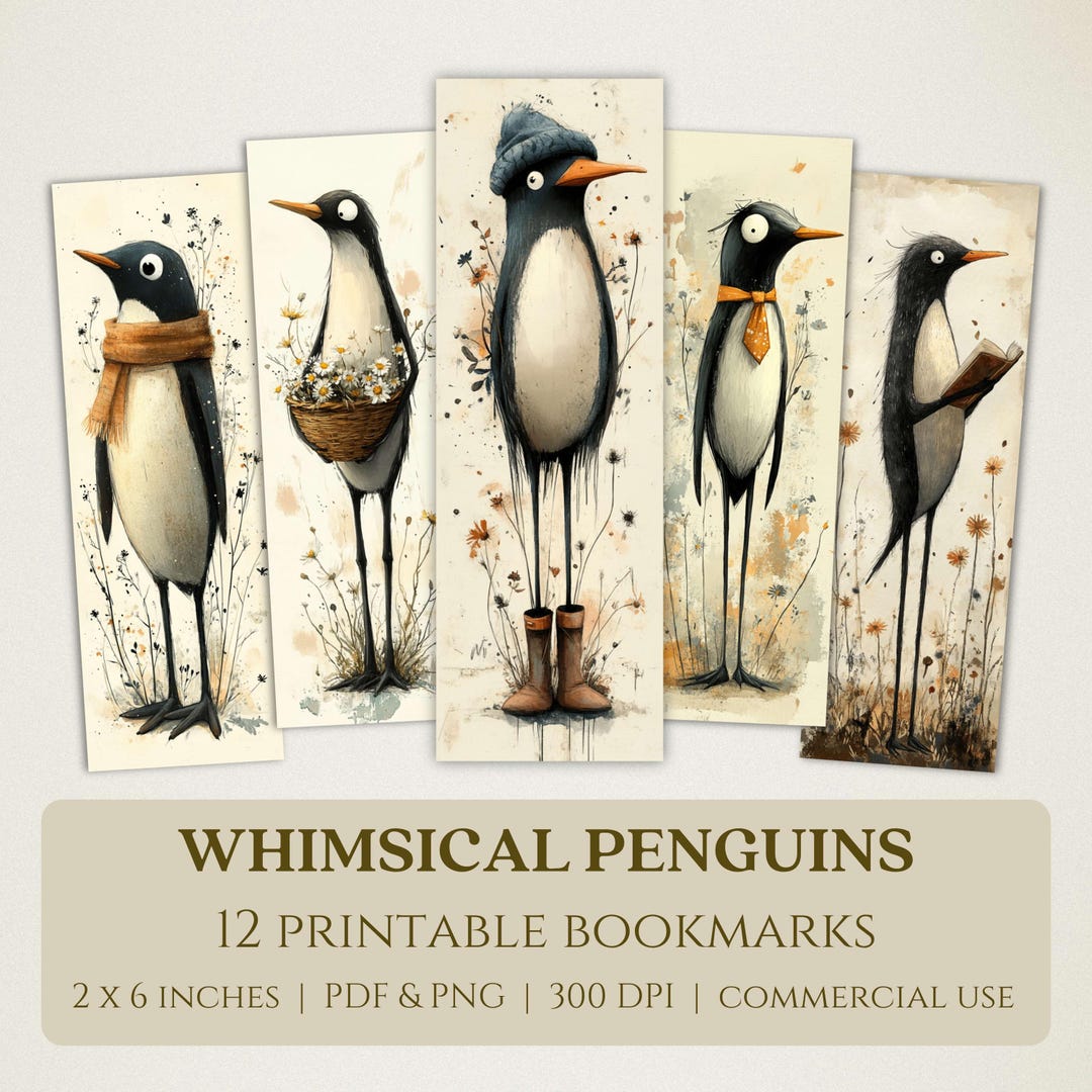 Whimsical Penguins Printable Bookmarks, High Quality Digital Images ...