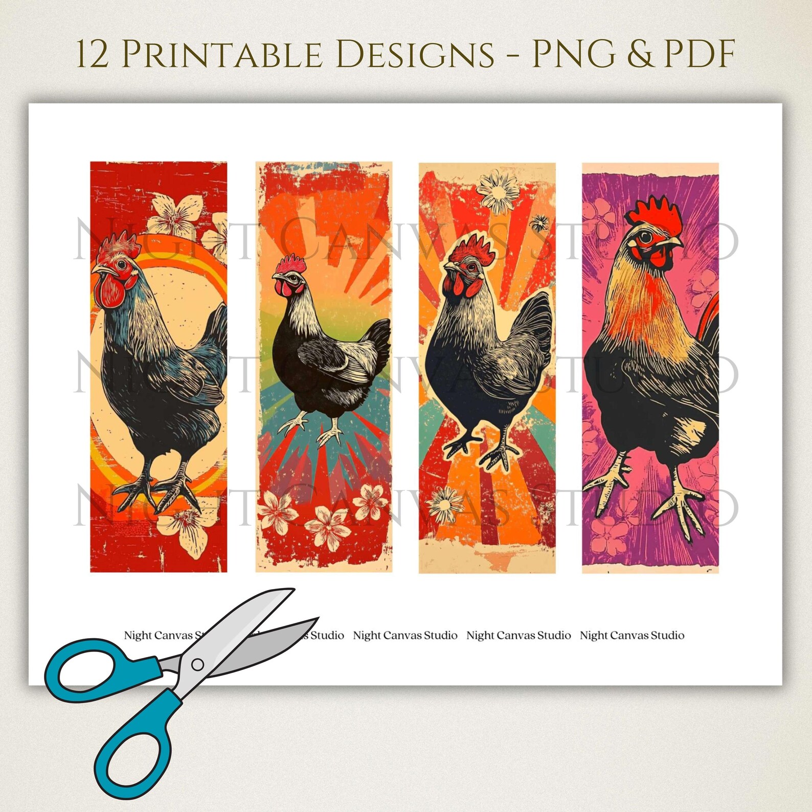 Linocut Chickens Printable Bookmarks, High Quality Digital Images ...