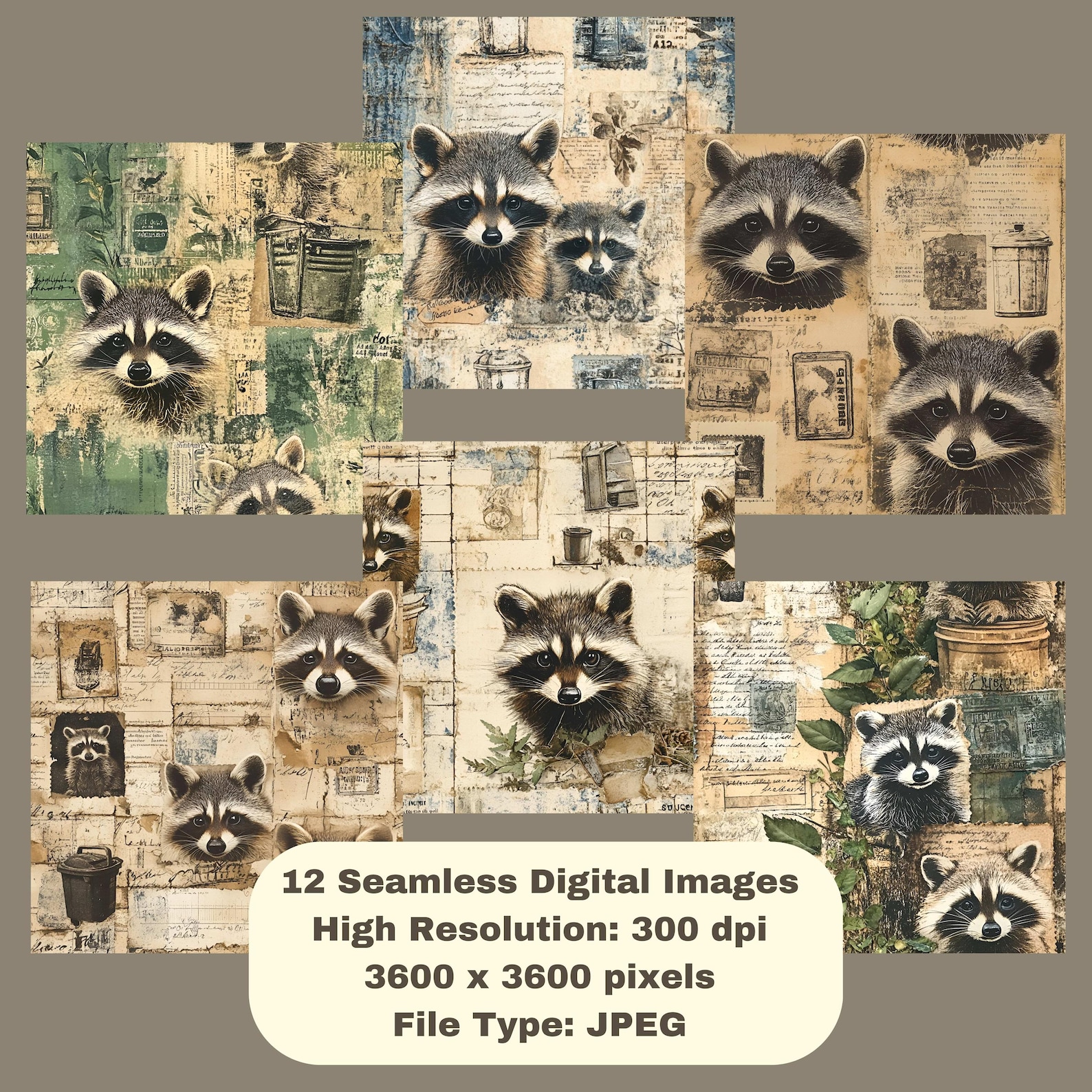 Grunge Raccoons Digital Paper, High Quality Seamless Images, Printable ...
