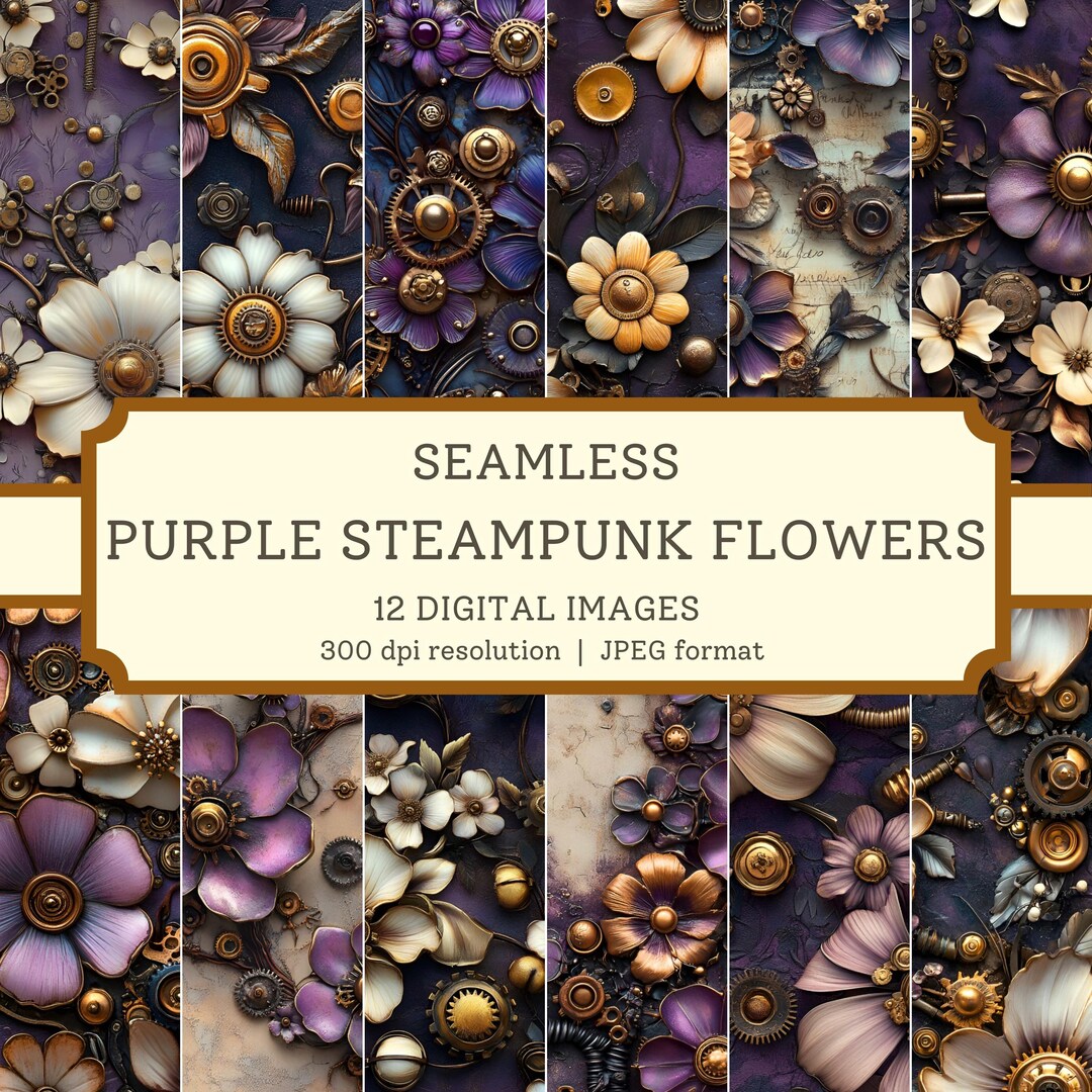 Purple Steampunk Flowers Digital Paper, High Quality Seamless Images ...