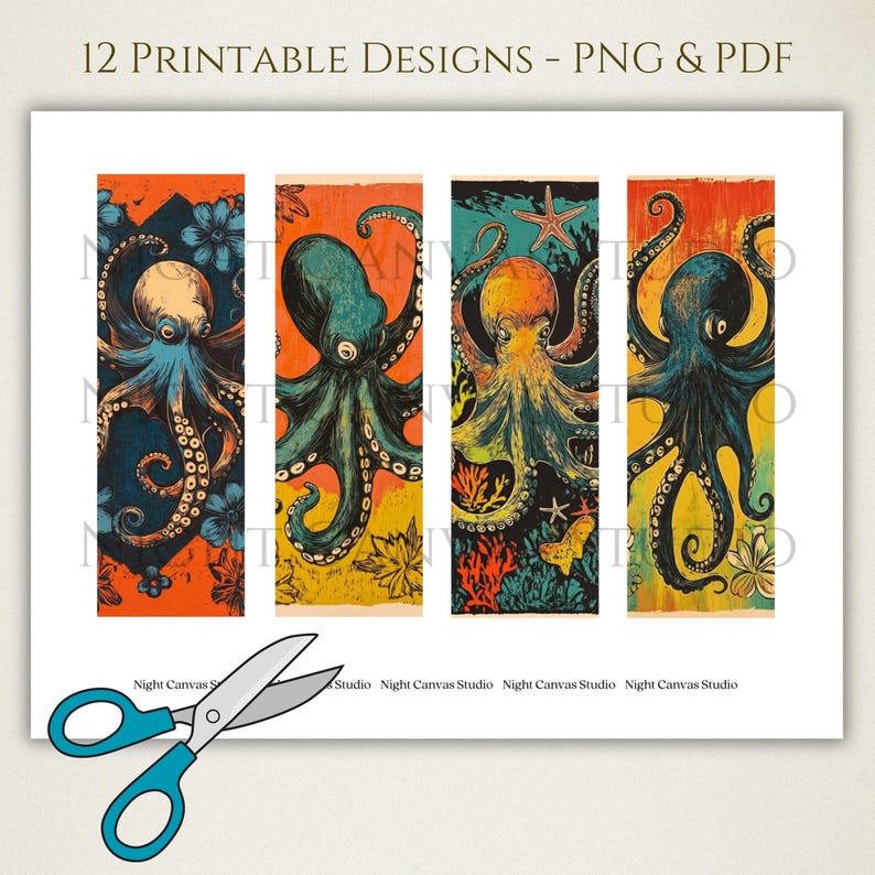 Linocut Octopus Printable Bookmarks, High Quality Digital Images ...