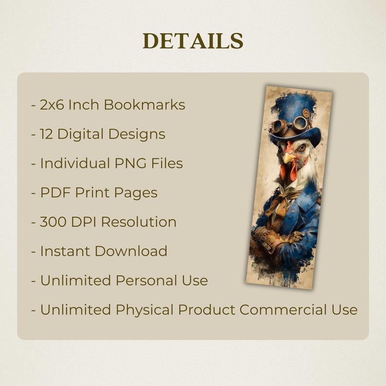 Watercolor Steampunk Chickens Printable Bookmarks, High Quality Digital ...