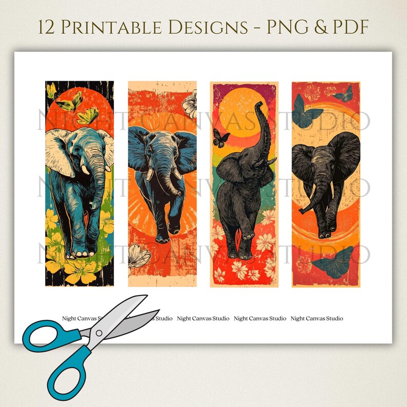 Linocut Elephants Printable Bookmarks, High Quality Digital Images ...