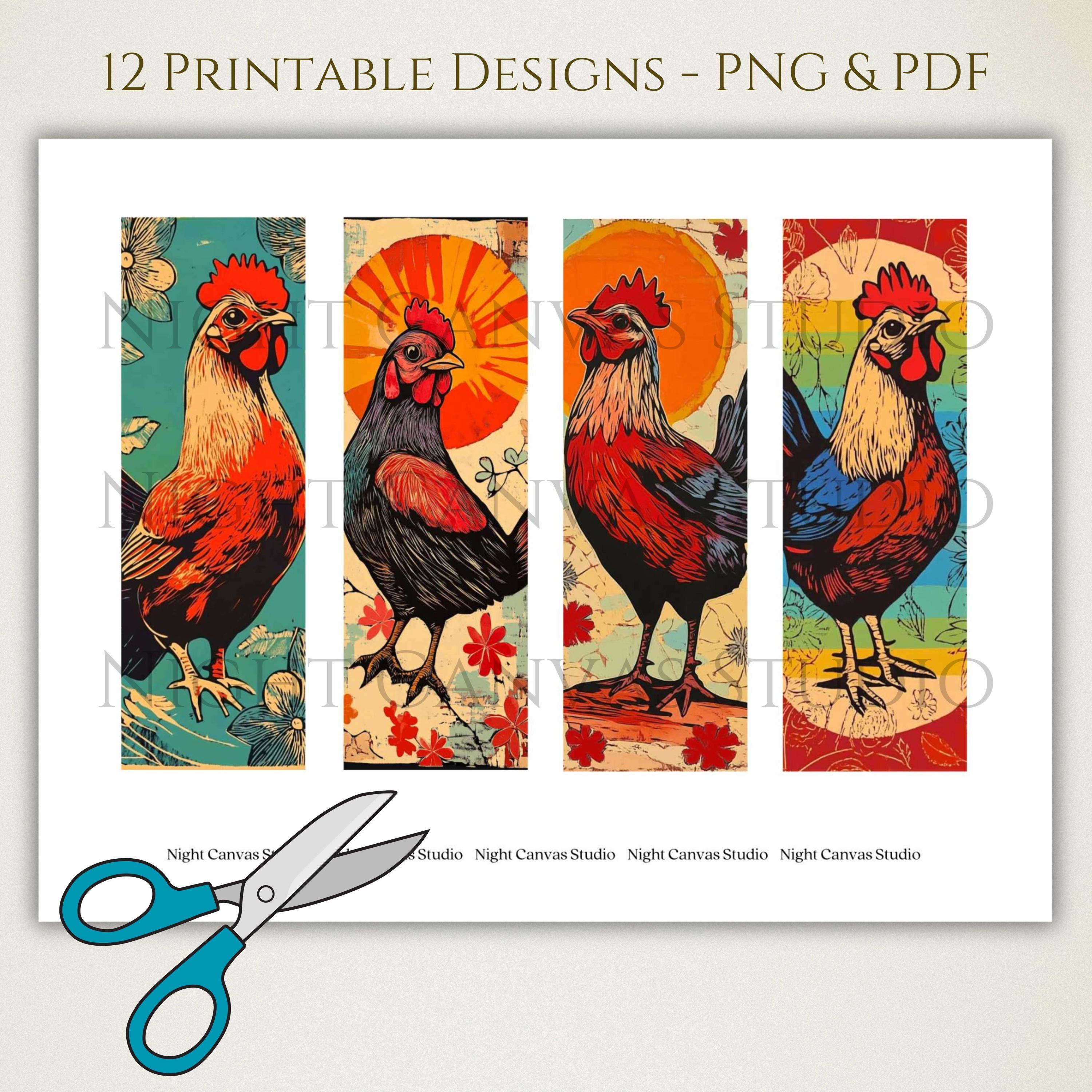 Linocut Chickens Printable Bookmarks, High Quality Digital Images ...