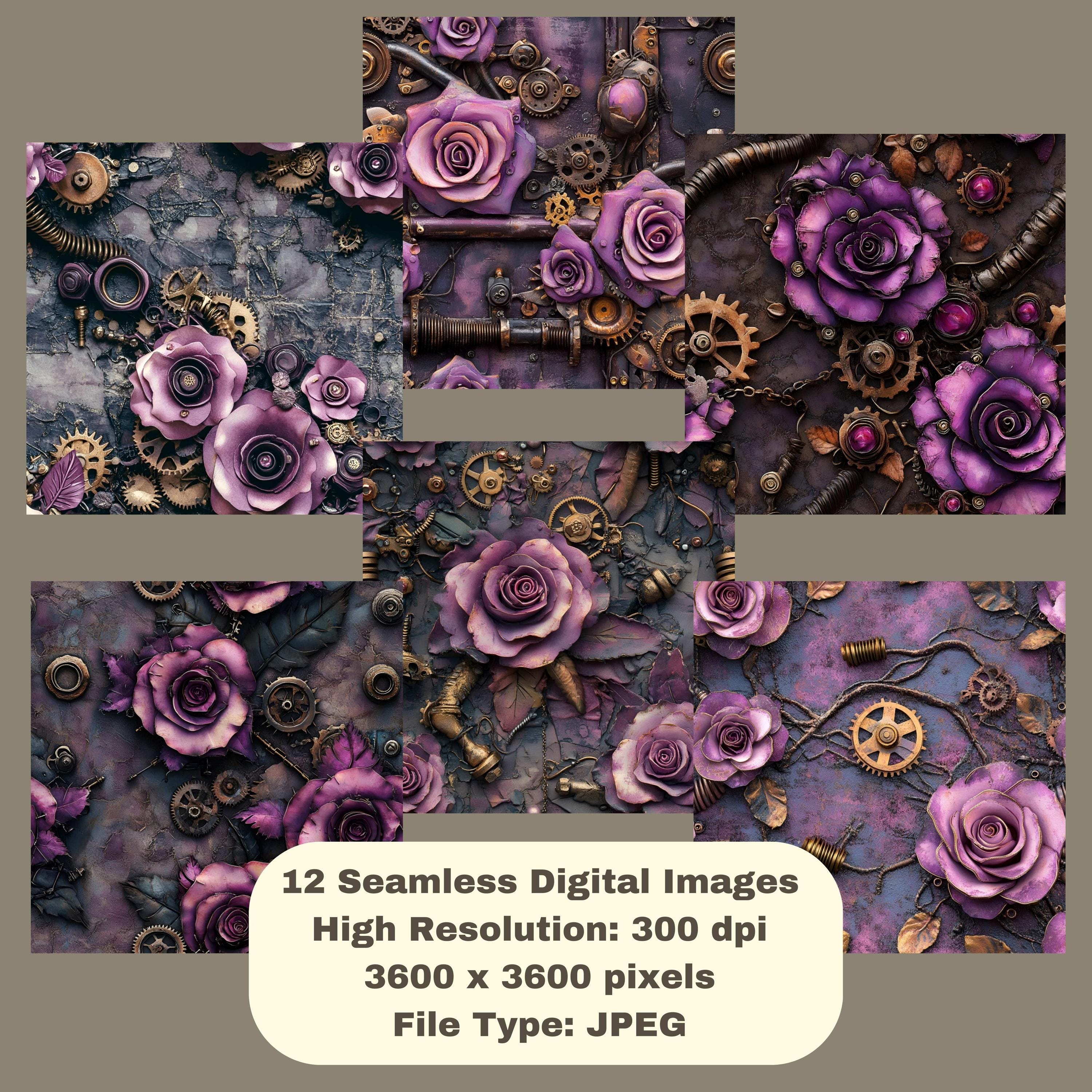 Steampunk Purple Roses Digital Paper, High Quality Seamless Images ...
