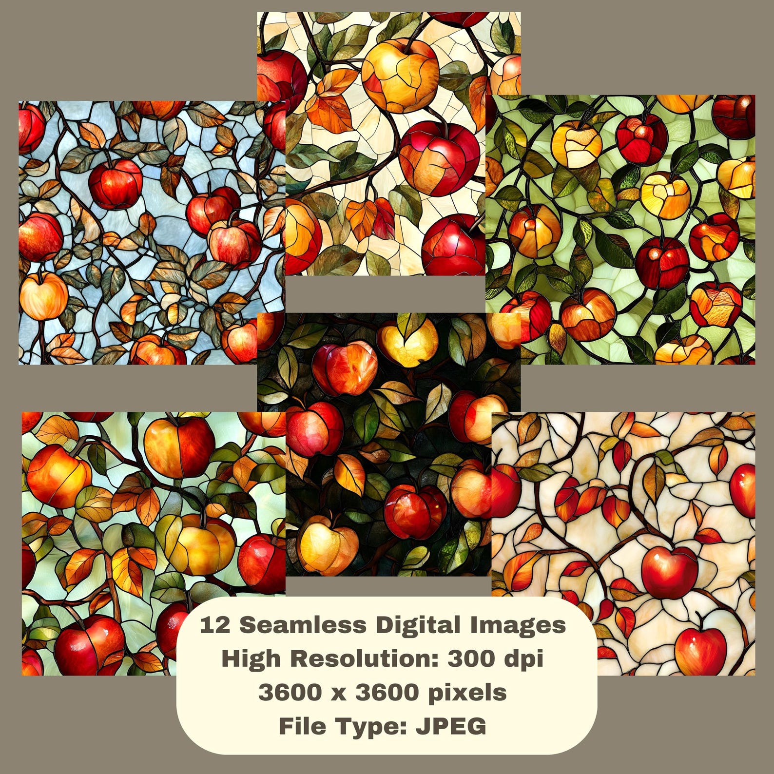 Stained Glass Apples Digital Paper, 12 High Quality Seamless Images ...