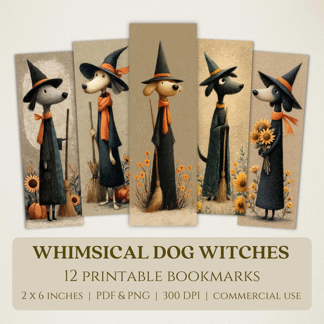 Whimsical Dog Witches Printable Bookmarks, High Quality Digital Images ...