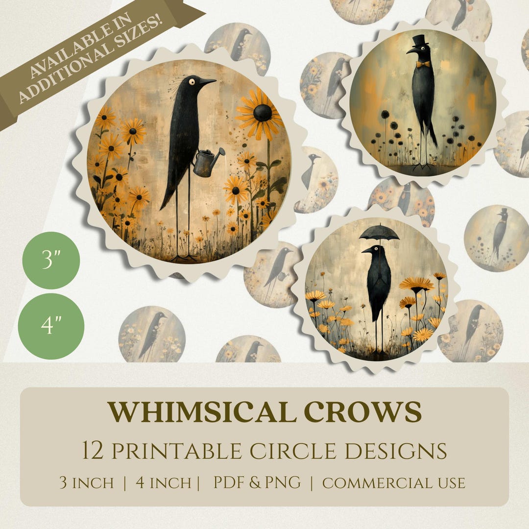 Whimsical Crows Printable 3" & 4" Circle Collage Sheets (PDF + PNG) for ...