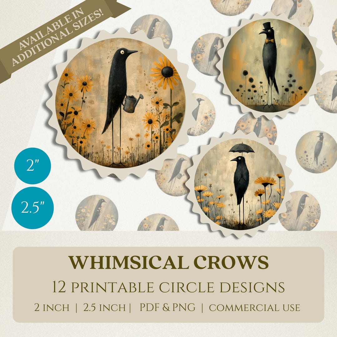 Whimsical Crows Printable 2" & 2.5" Circle Collage Sheets (PDF + PNG ...