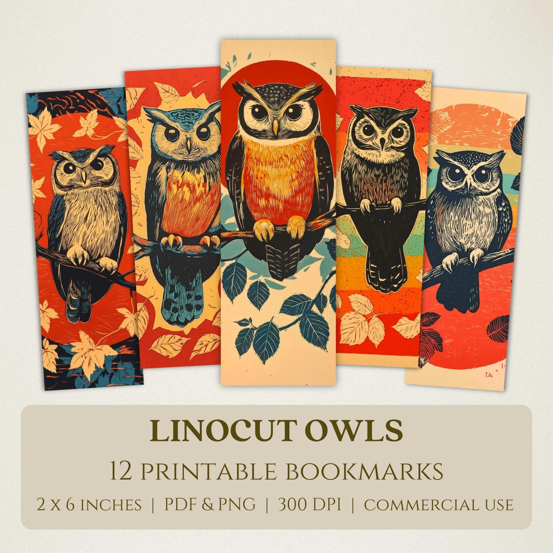 Linocut Owls Printable Bookmarks, High Quality Digital Images, Instant ...