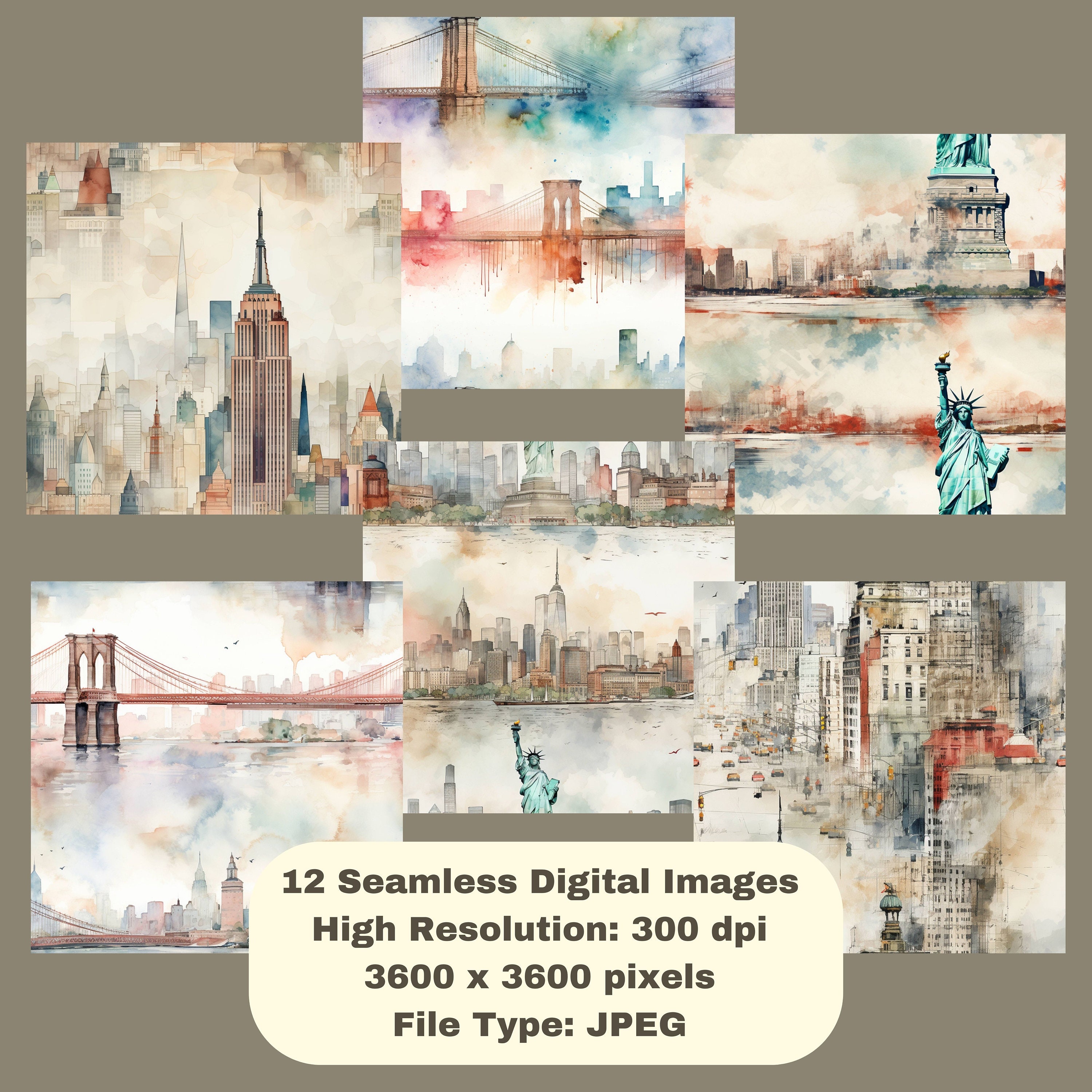 Watercolor New York City Digital Paper, 12 High-quality Seamless Images ...