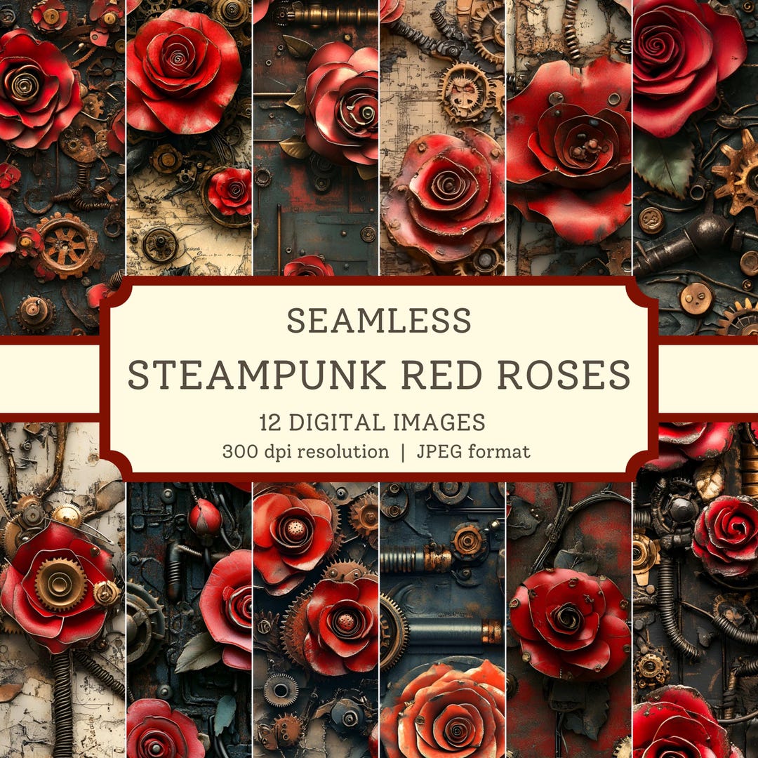 Steampunk Red Roses Digital Paper, High Quality Seamless Images ...