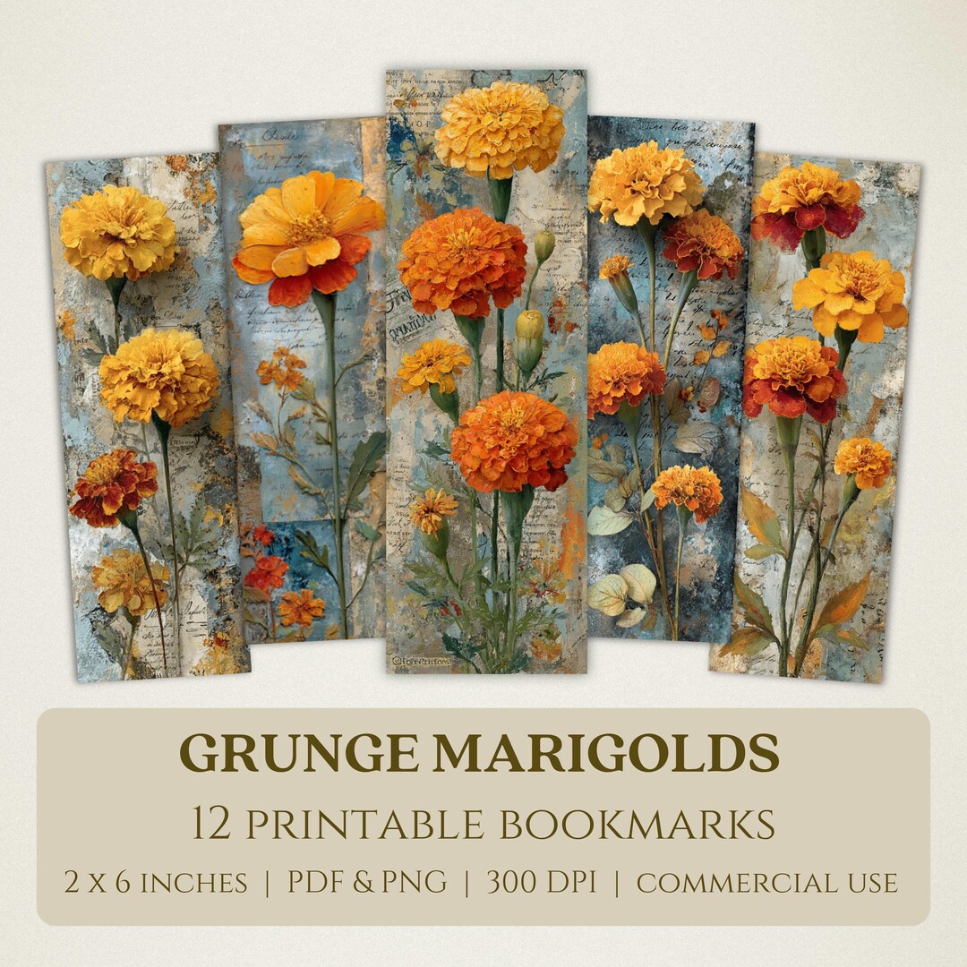 Grunge Marigolds Printable Bookmarks, High Quality Digital Images, Fall ...