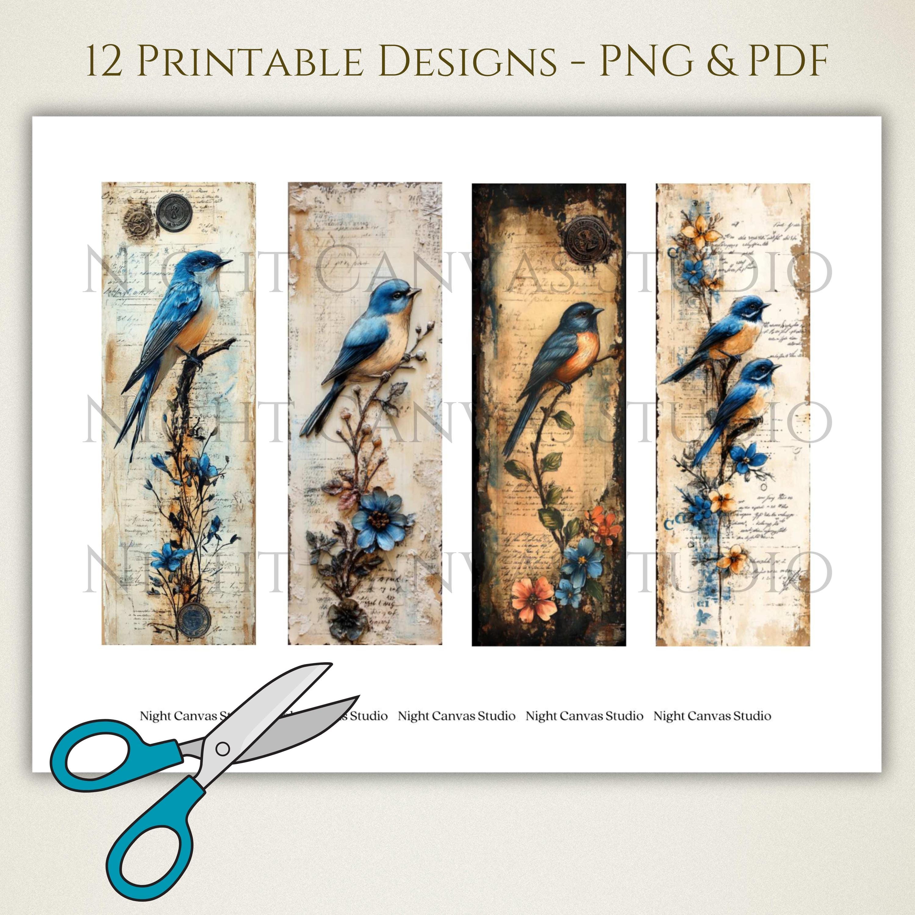 Grunge Bluebirds Printable Bookmarks, High Quality Digital Images ...
