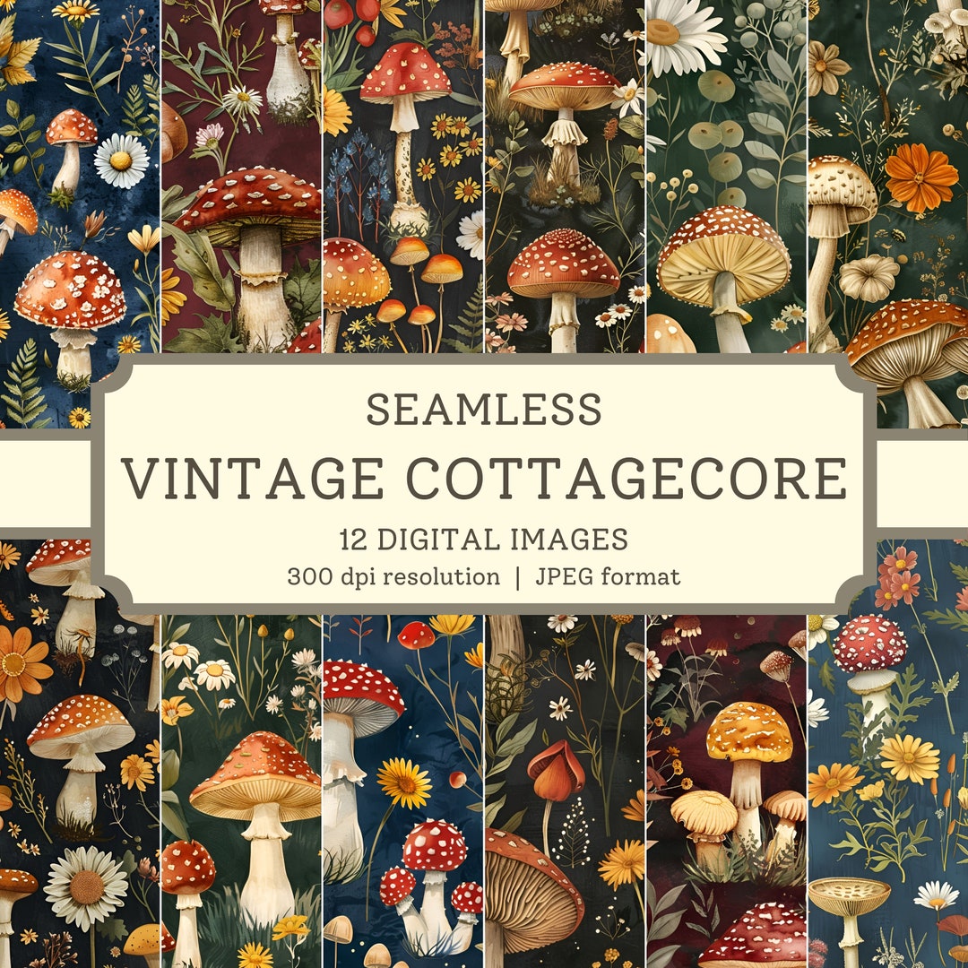 Vintage Cottagecore Mushrooms Digital Paper, 12 High Quality Seamless ...