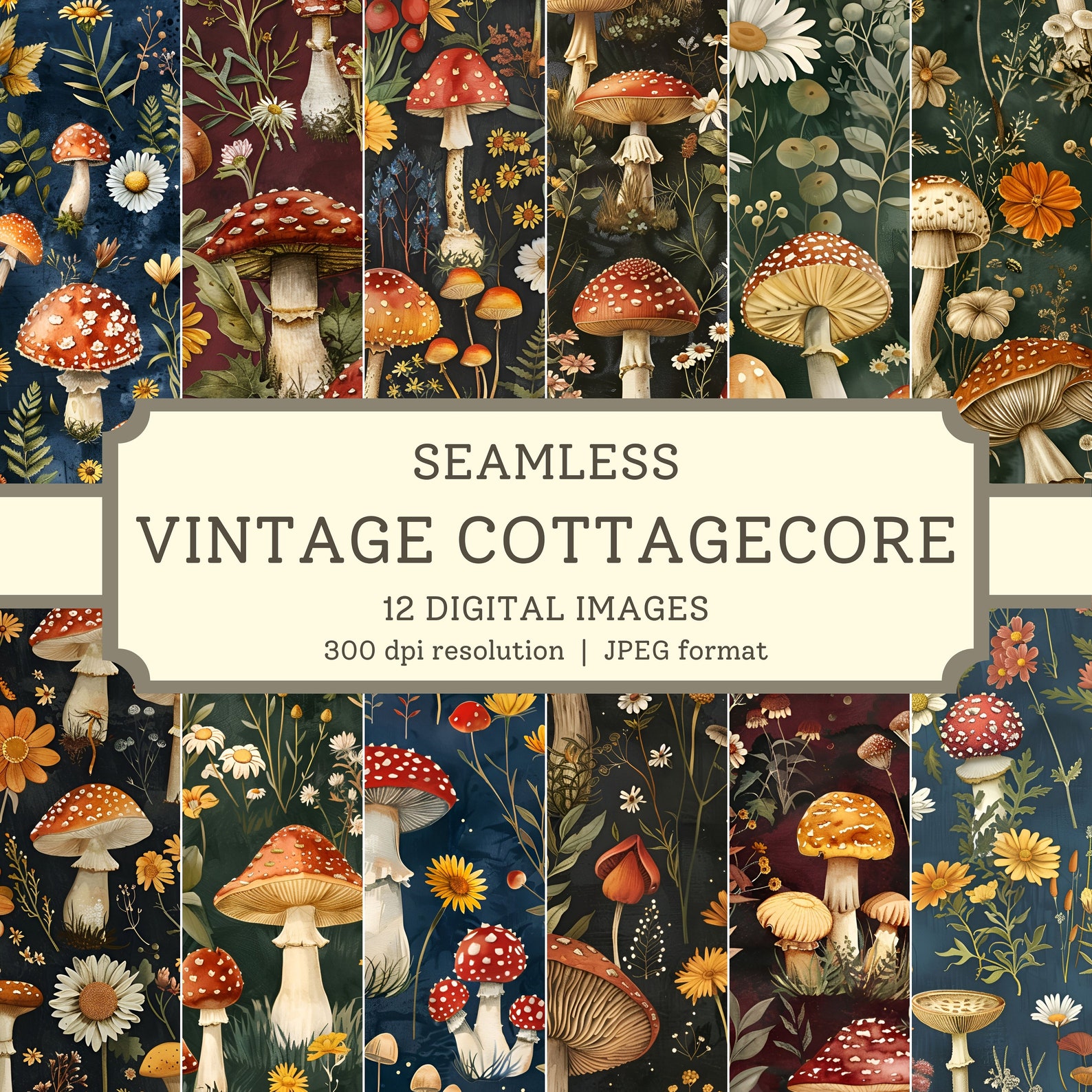 Vintage Cottagecore Mushrooms Digital Paper, 12 High Quality Seamless ...