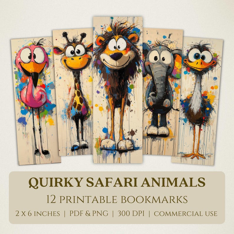 Quirky Safari Animals Printable Bookmarks, High Quality Digital Images ...
