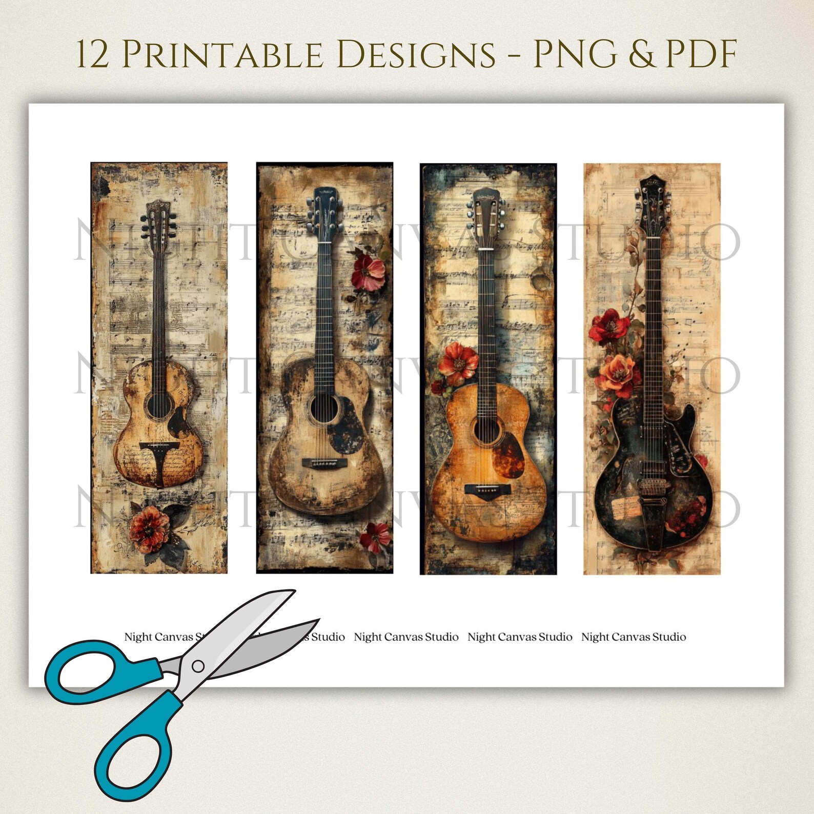 Grunge Guitars Printable Bookmarks, High Quality Digital Images ...