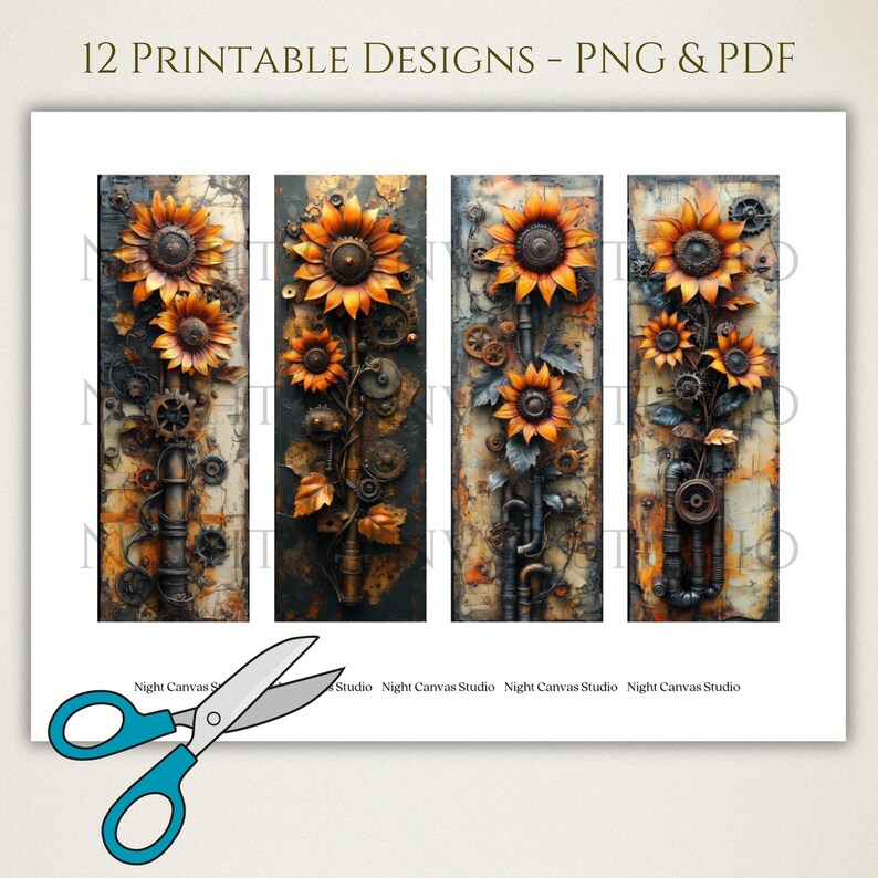 Steampunk Sunflowers Printable Bookmarks, High Quality Digital Images ...