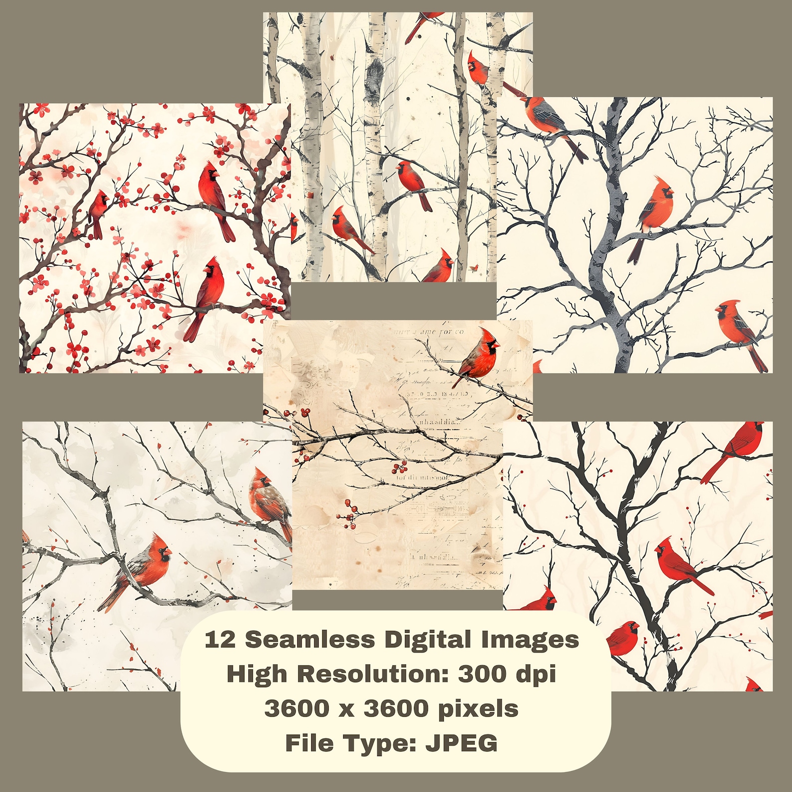 Red Cardinal Digital Paper, 12 High Quality Seamless Images, Printable ...