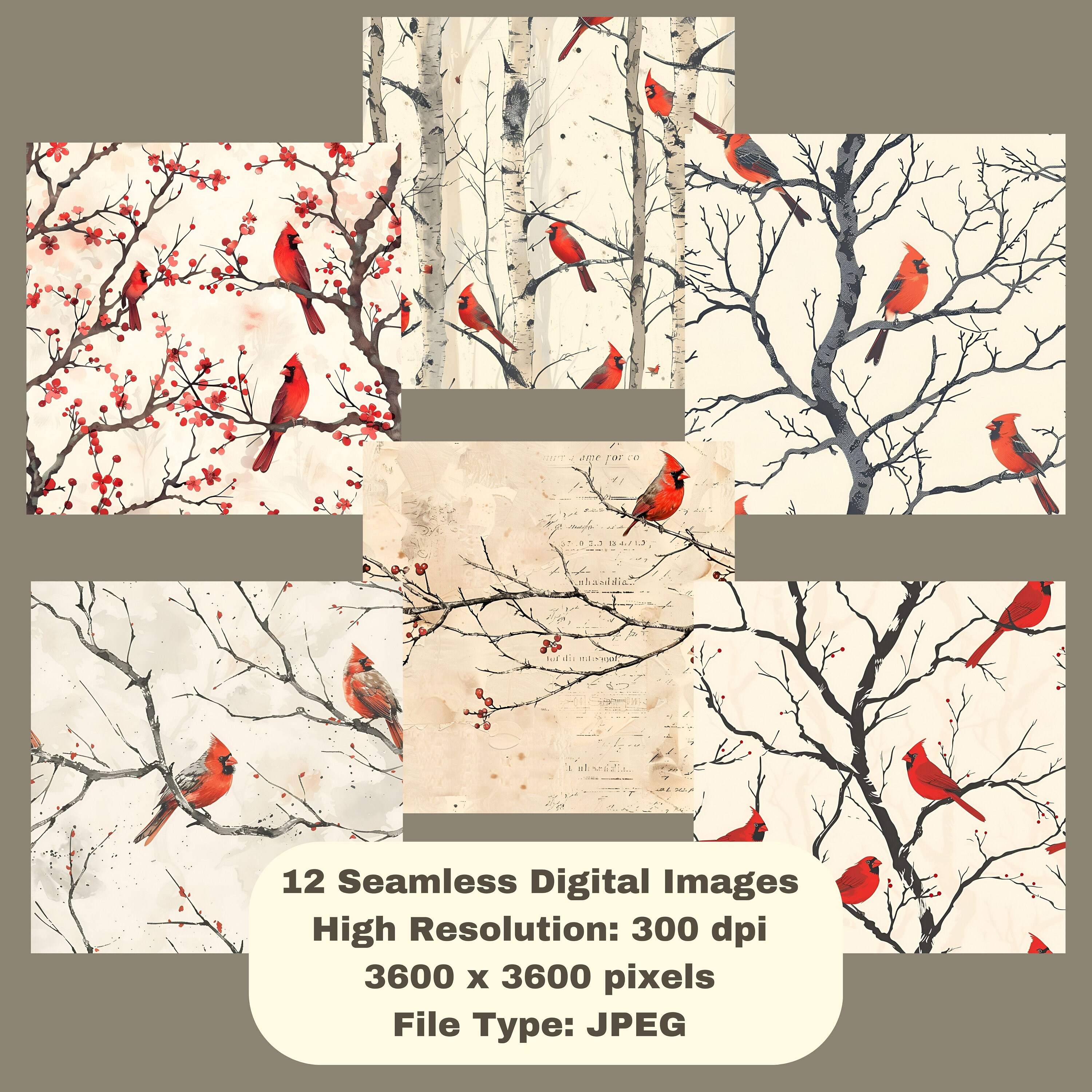 Red Cardinal Digital Paper, 12 High Quality Seamless Images, Printable ...