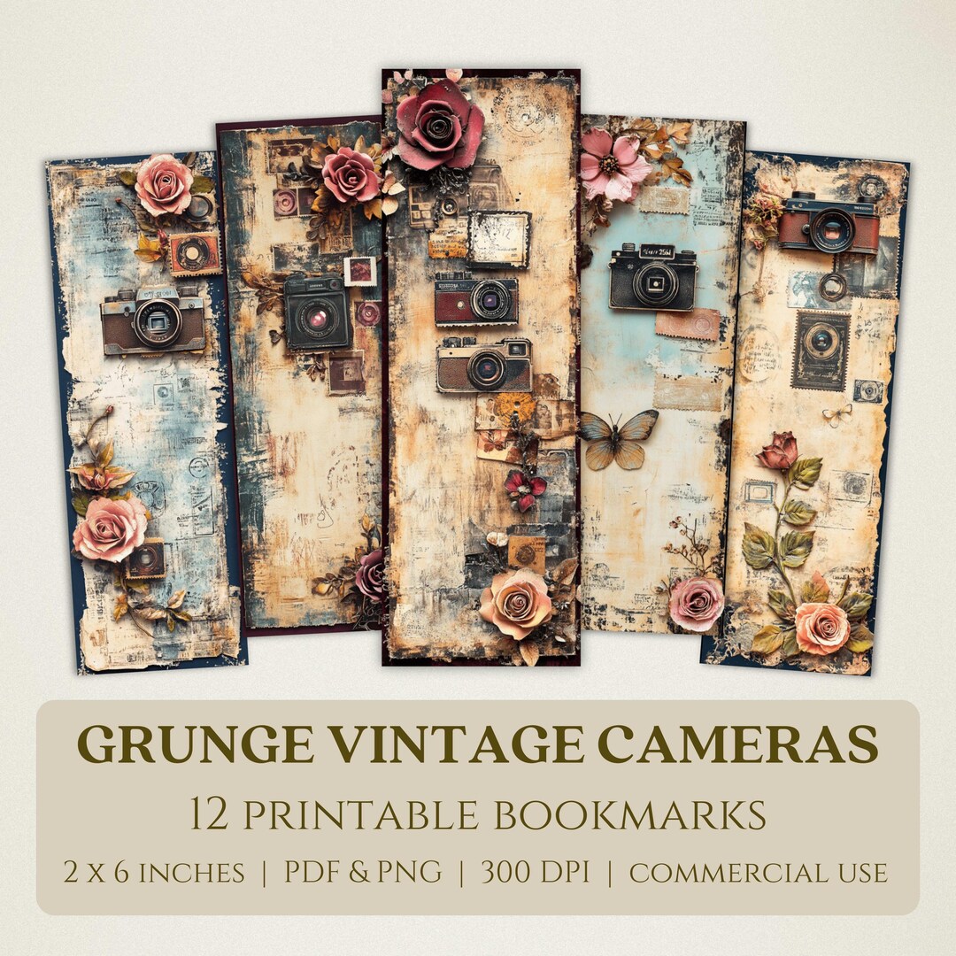 Grunge Vintage Cameras Printable Bookmarks, High Quality Digital Images ...