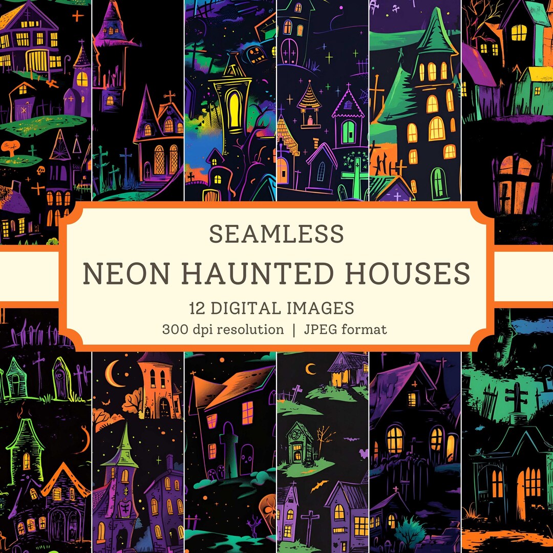 Neon Haunted Houses Digital Paper, High Quality Seamless Images, Spooky ...