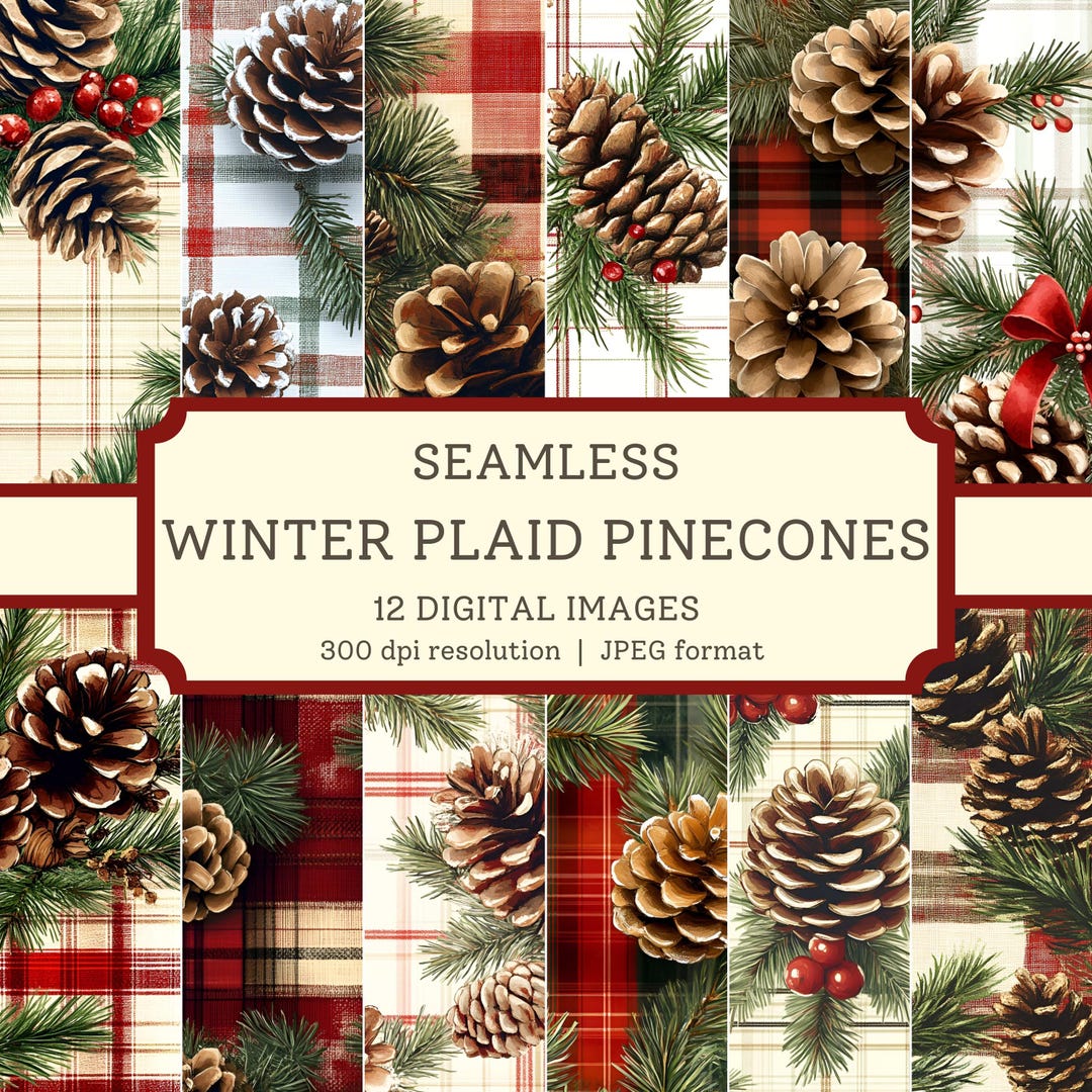 Winter Plaid Pinecones Digital Paper, High Quality Seamless Images ...