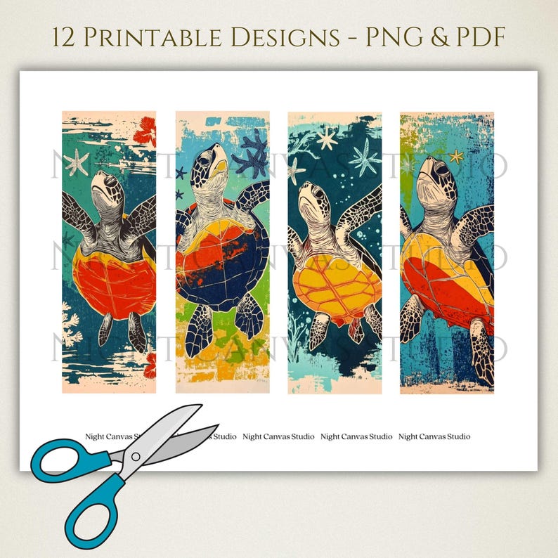 Linocut Sea Turtles Printable Bookmarks, High Quality Digital Images ...