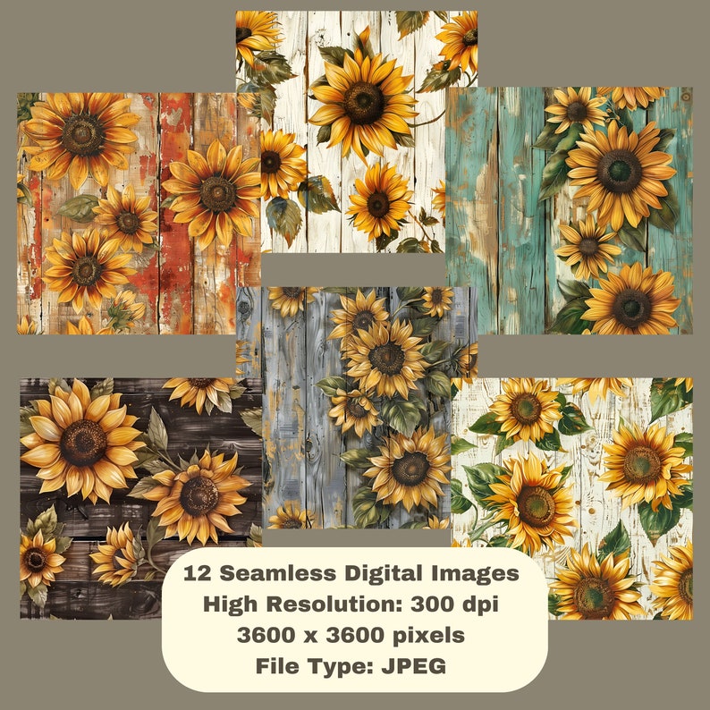 Rustic Sunflowers Digital Paper, 12 High Quality Seamless Images ...
