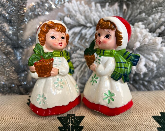 Vintage Lefton Christmas Girl Figurines With Holly Baskets, Lefton 7698 ...