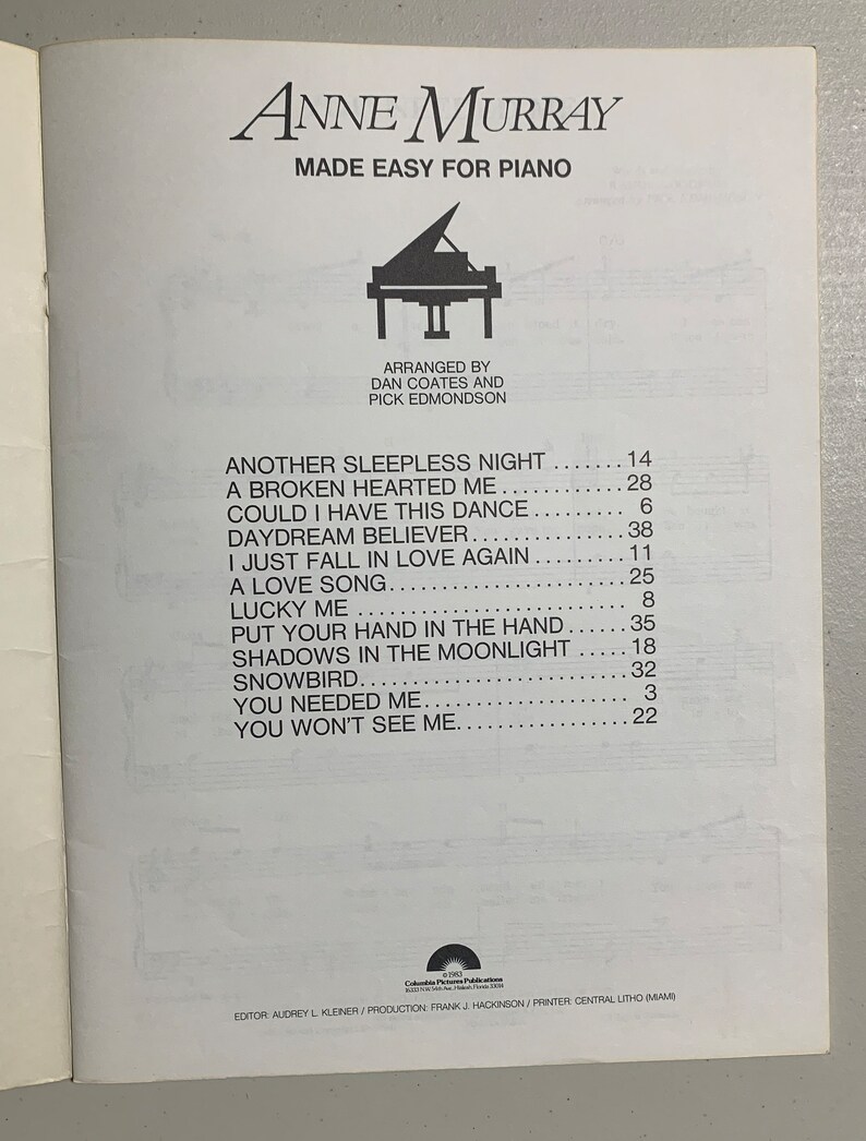 Anne Murray Made Easy for Piano Songbook Sheet Music , Simple ...