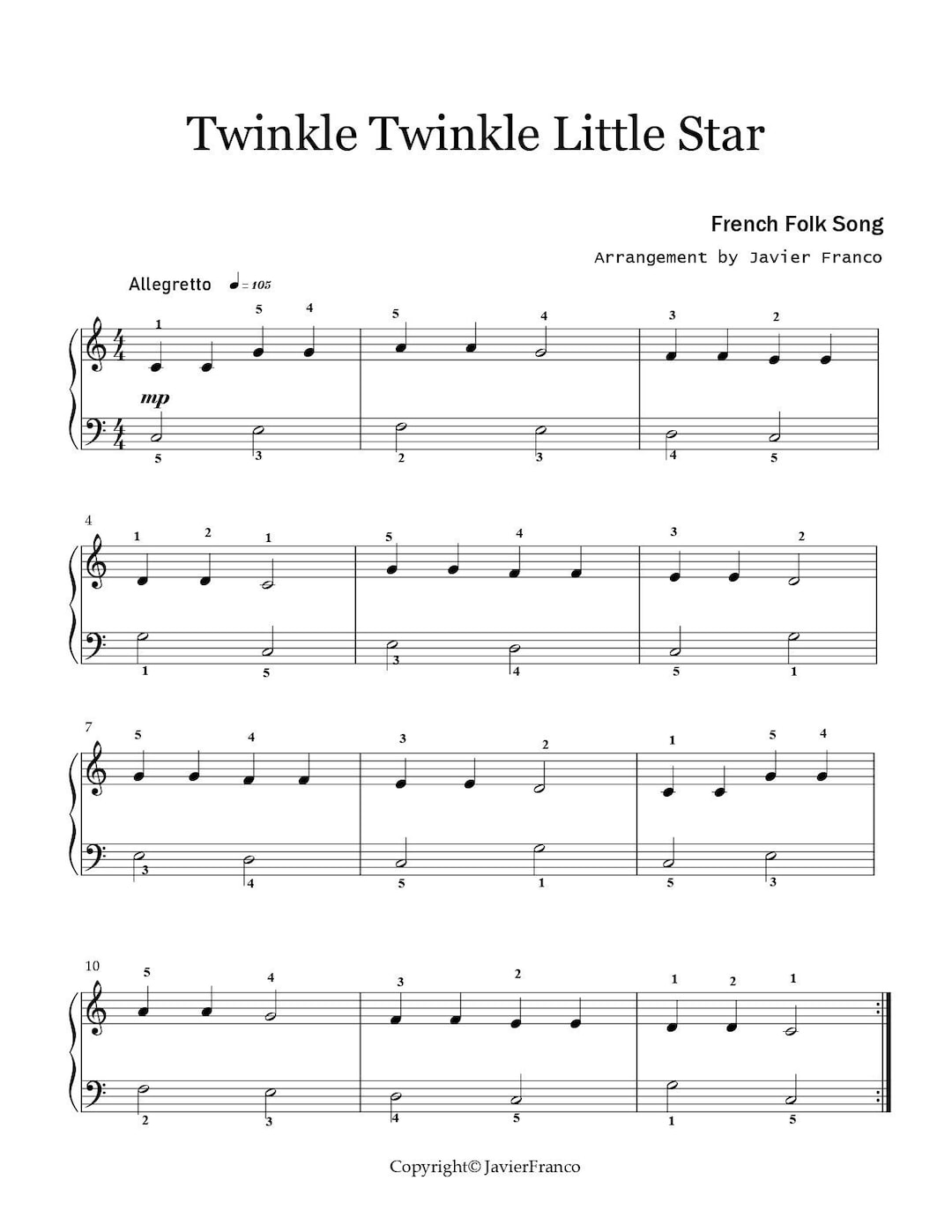 Twinkle Twinkle Little Star- Piano Easy Sheet Music - Etsy