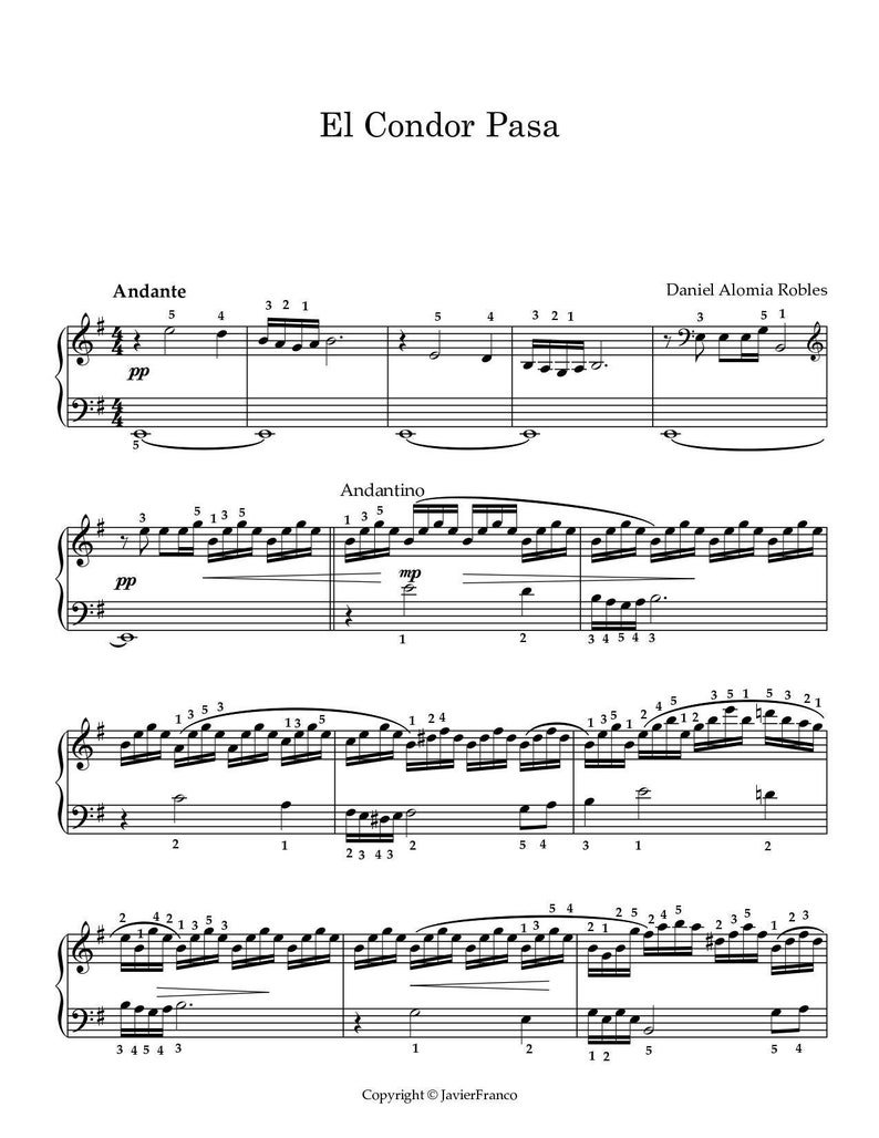 El Condor Pasa- Piano Sheet Music-folk- Instrumental Music - Etsy