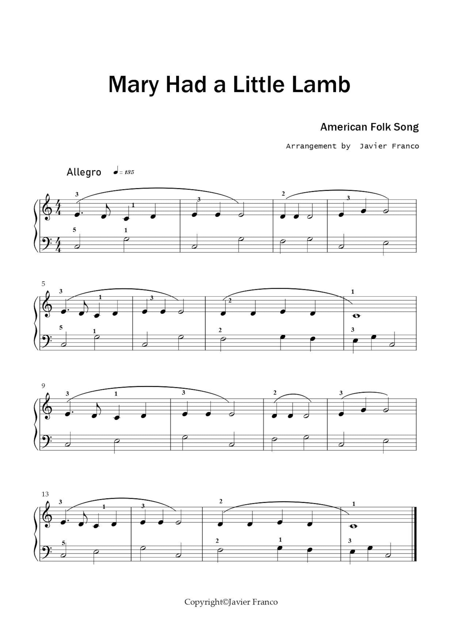 Mary Had a Little Lamb- Piano Easy Sheet - Etsy