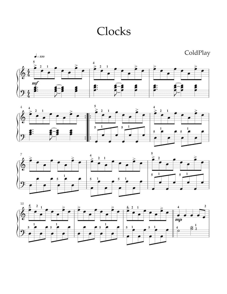 Clocks Coldplay Solo Piano Arrangement in the Key of C Major, Intermediate Level. - Etsy