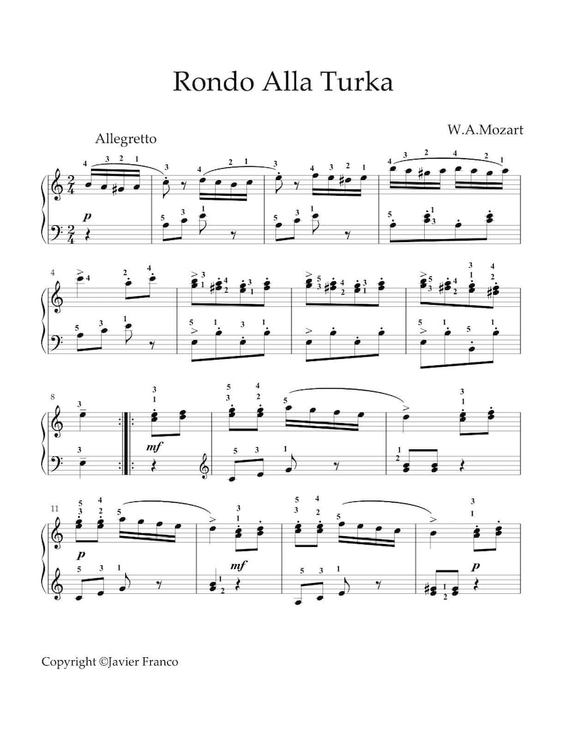 Rondo Alla Turka-w.a.mozart -sheet Music for Piano, Simplified ...