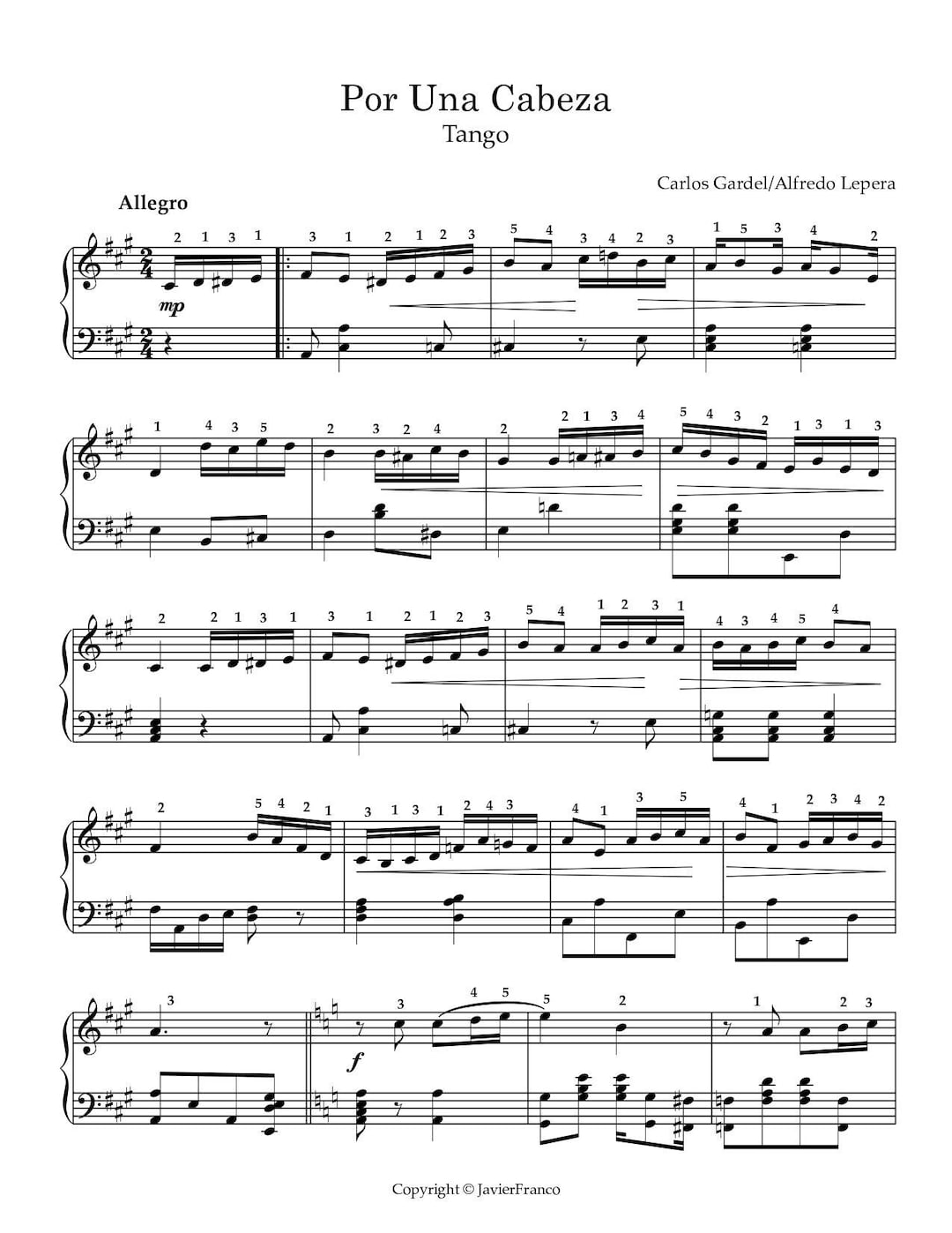 Por Una Cabeza- Partituras De Tango-piano-archivo Pdf - Etsy