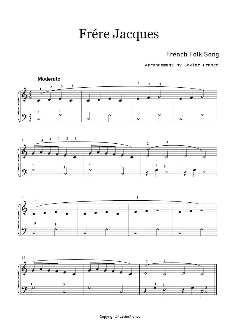 Frére Jacques - Partitura Fácil Para Piano - Etsy