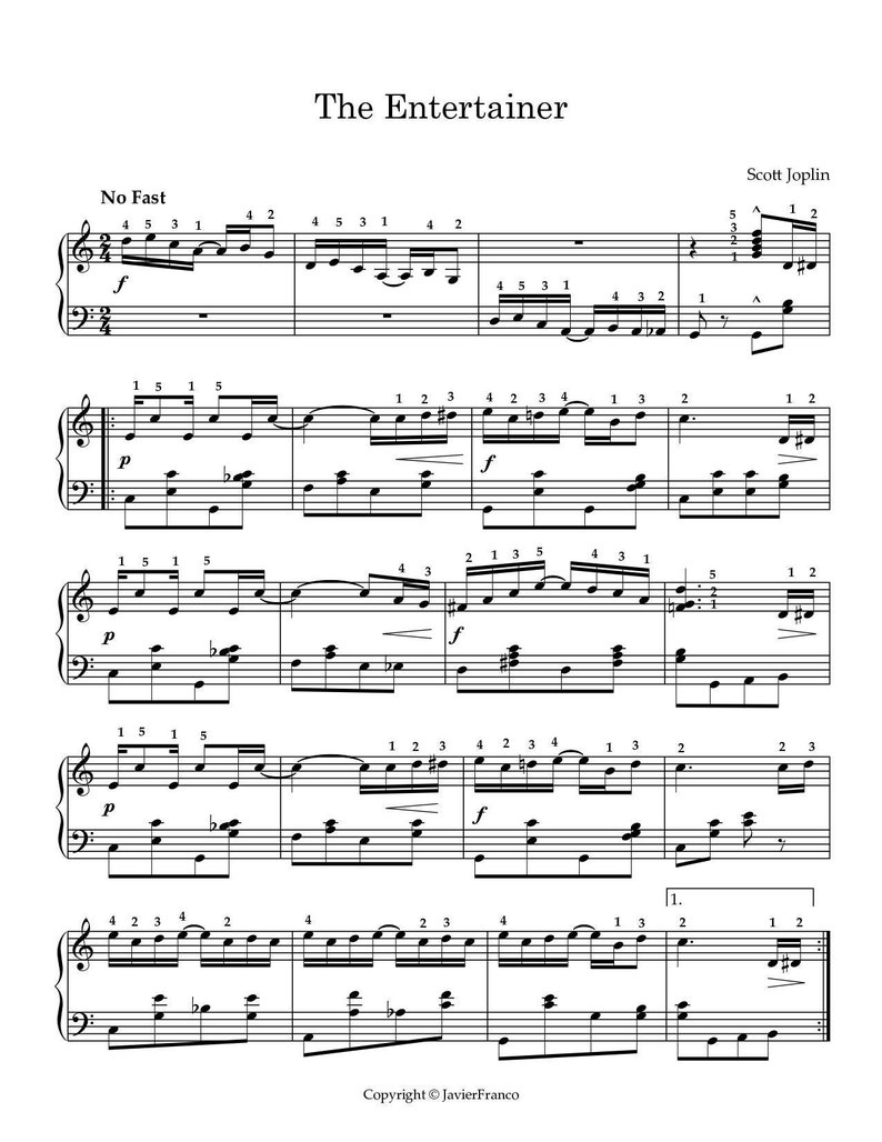 The Entertainer-partitura Para Piano-scott Joplin - Etsy